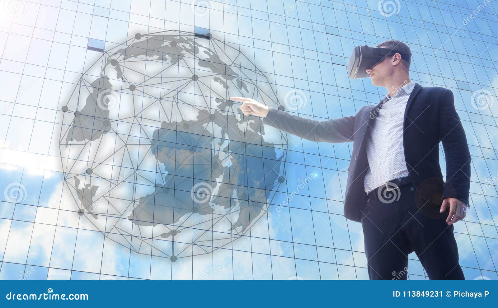 Business Man Using VR Headset and Interacting with Object World Stock ...