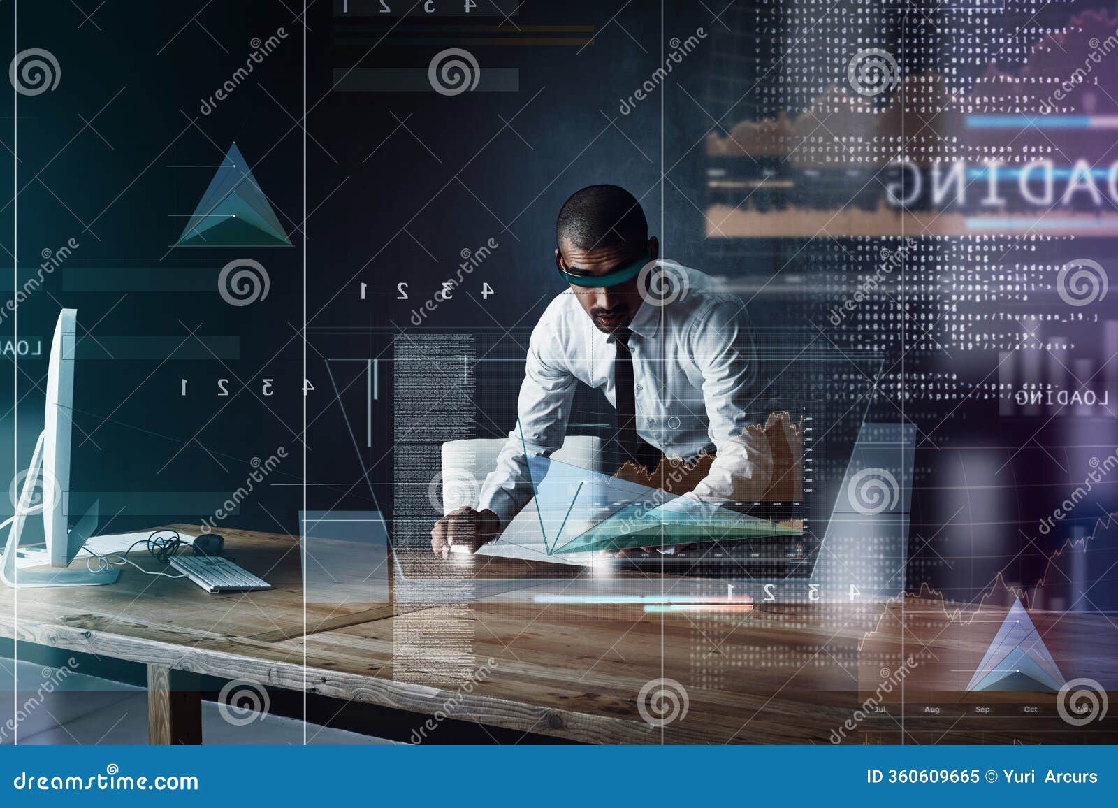 Business, Man and Vr for Overlay in Office of Software Programming, Website Update and Coding ...