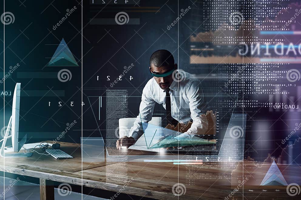 Business, Man and Vr for Overlay in Office of Software Programming ...