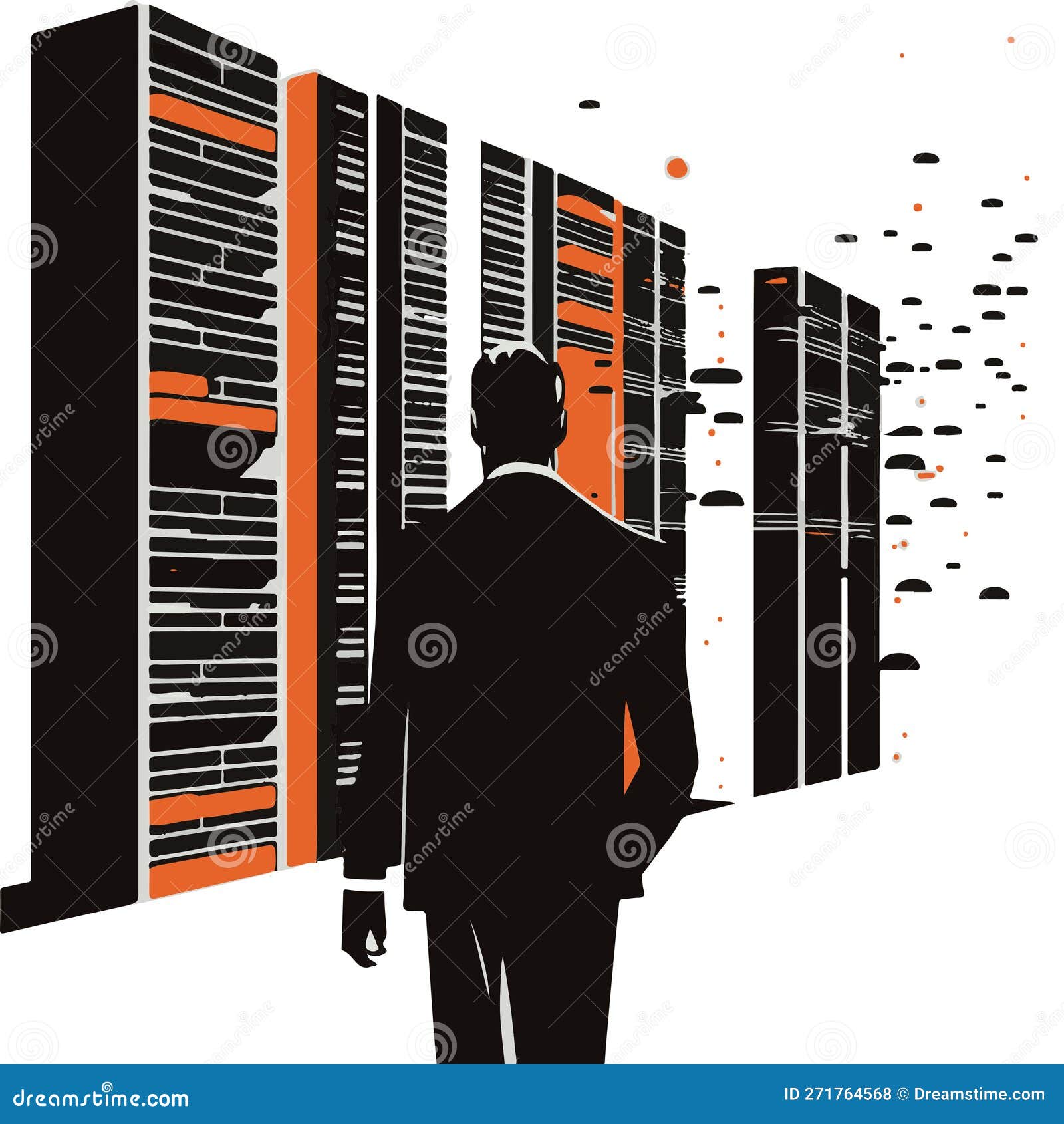 Business Man Walking Through Server Rack. Vector Retro Illustration ...