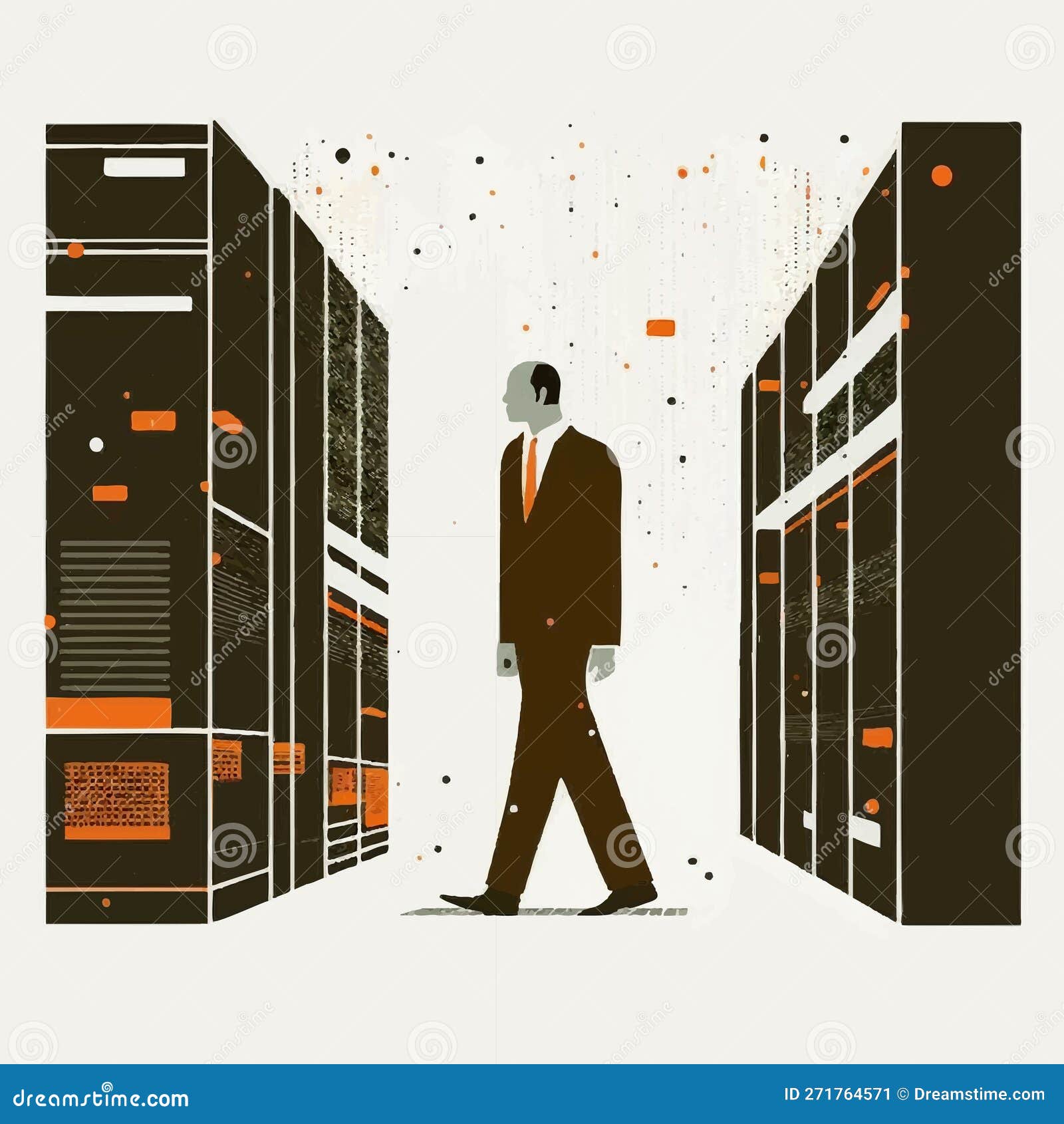 Business Man Walking Through Server Rack. Vector Retro Illustration ...