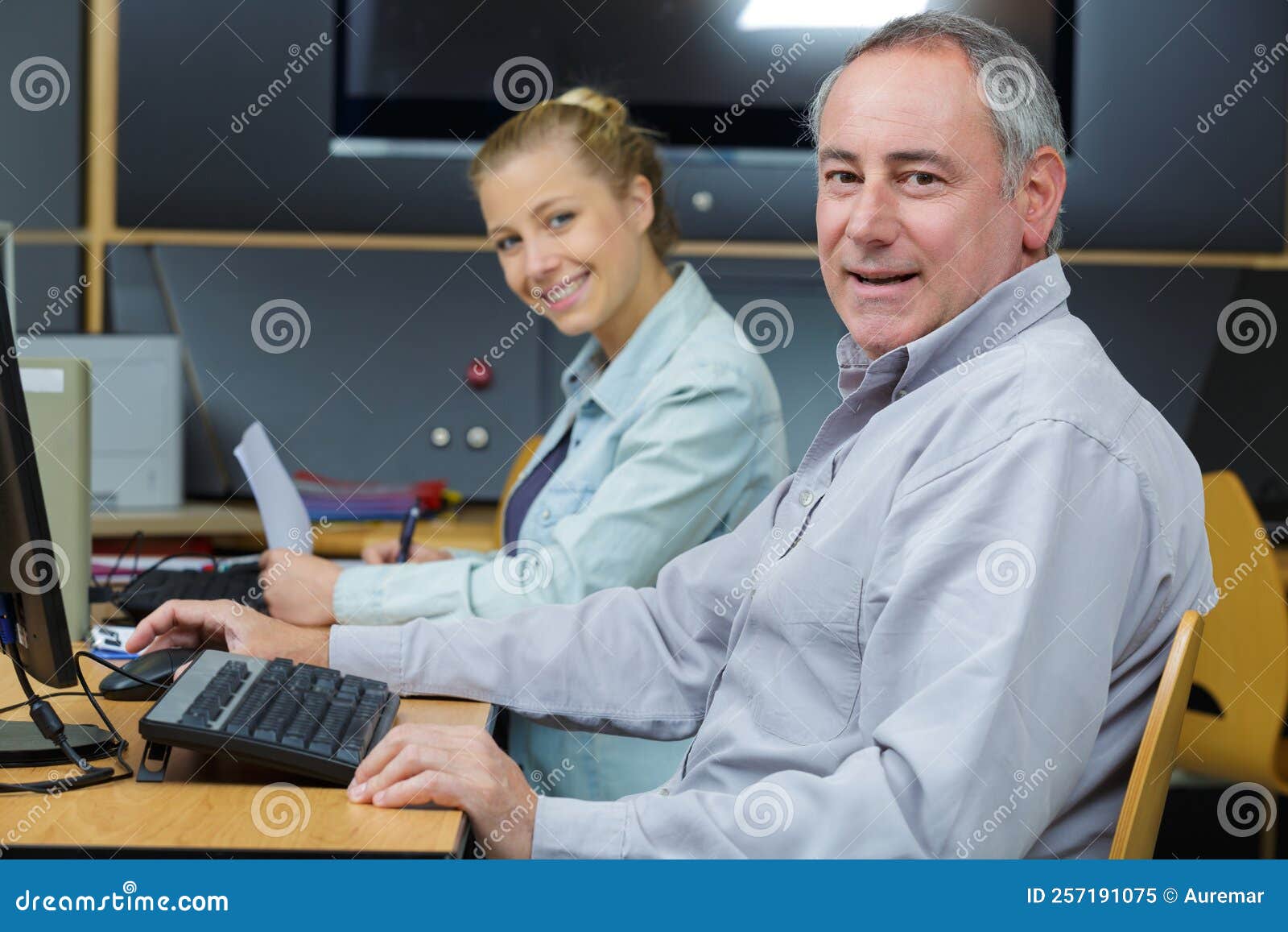 Business Man and Woman with Computer Stock Image - Image of smiling ...
