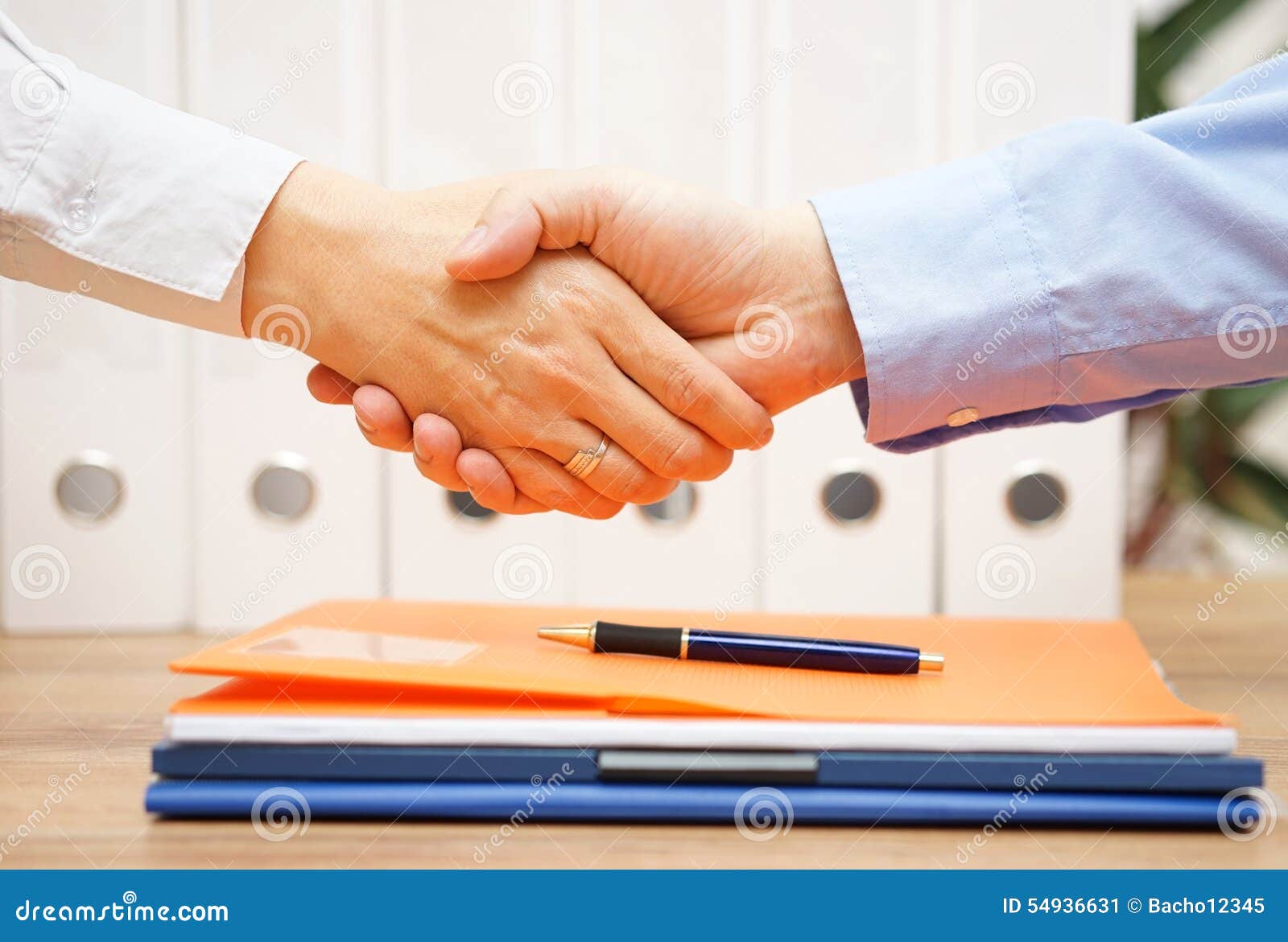 Business Man and Woman are Handshaking Over Documents in with of Stock ...