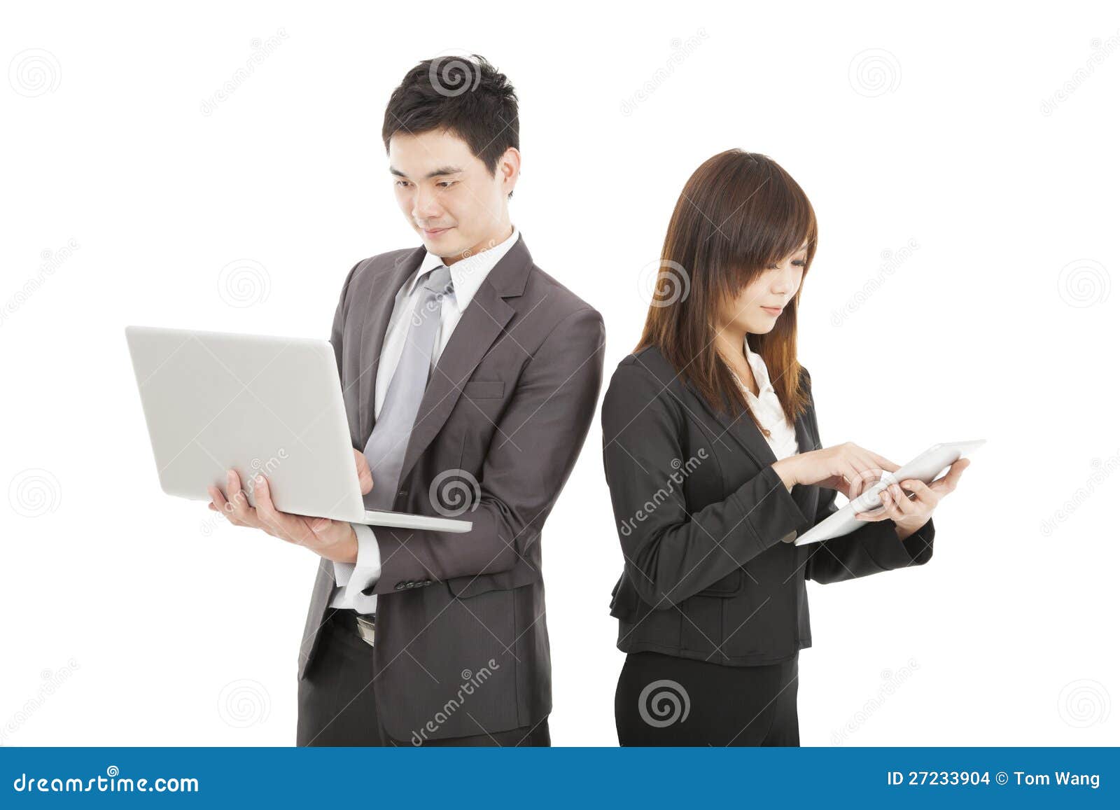 Business Man and Woman Using Laptop and Touch Pad Stock Photo - Image ...