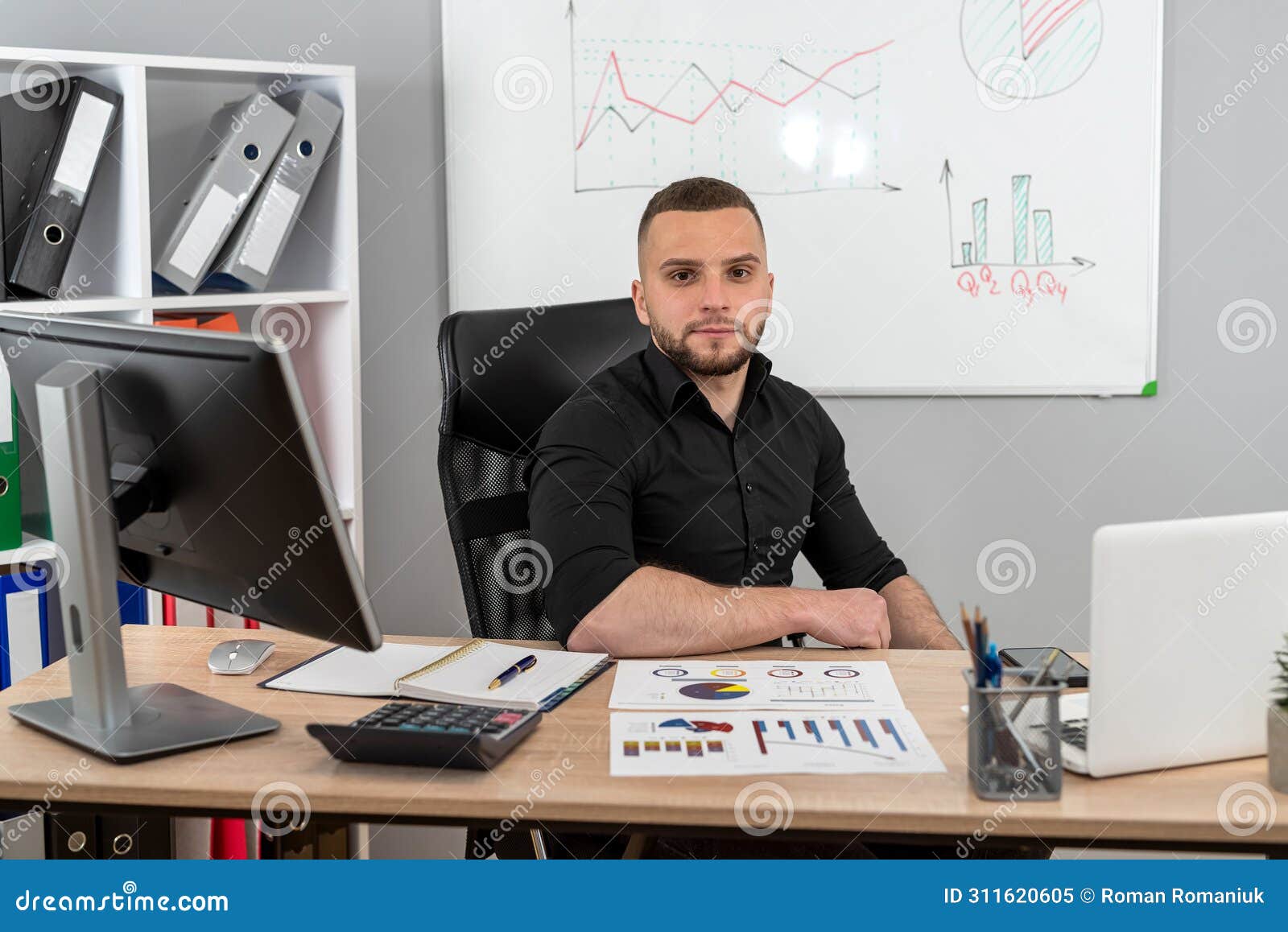Business Man Work with Charts and Graphs with Computer at Modern Office ...