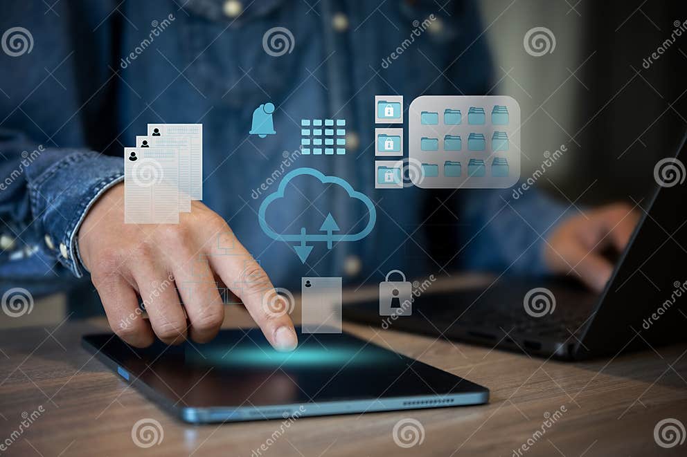 Business Man Work with Laptop Seek Data Input and Output from Cloud ...