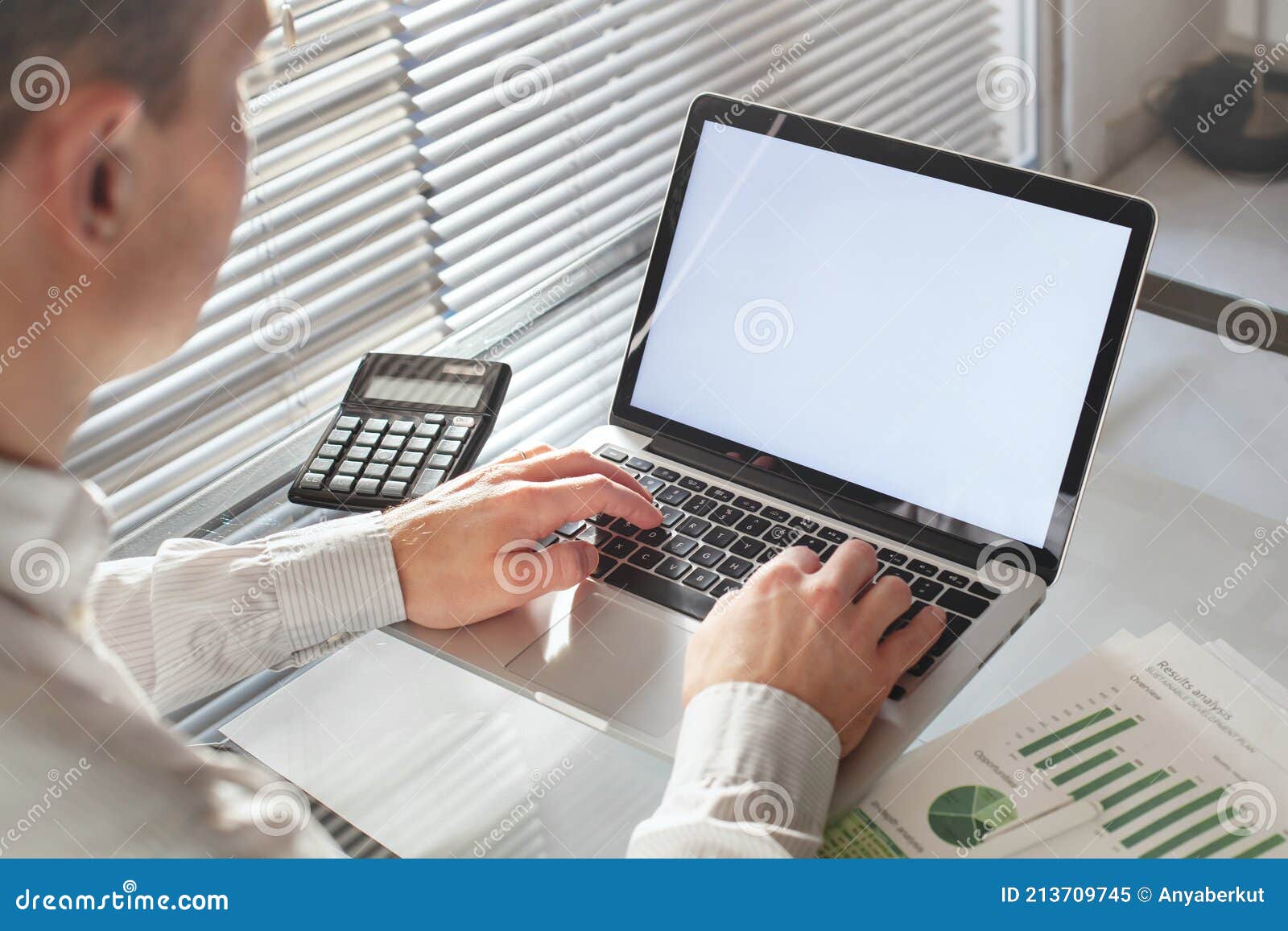 Business Man Working on Computer Laptop with Empty Blank Screen Stock ...