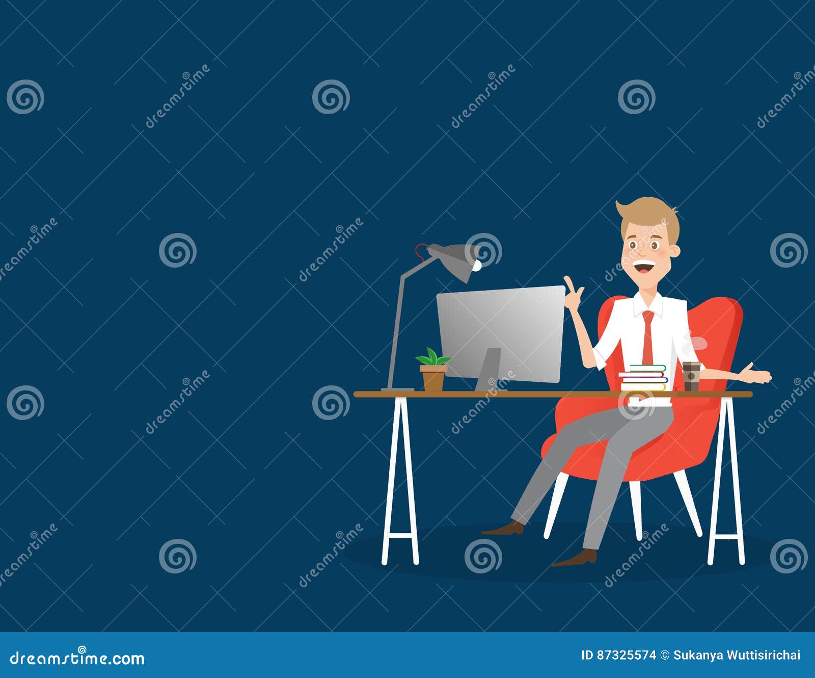 Business Man Working on Computer at Office Desk. Stock Illustration ...