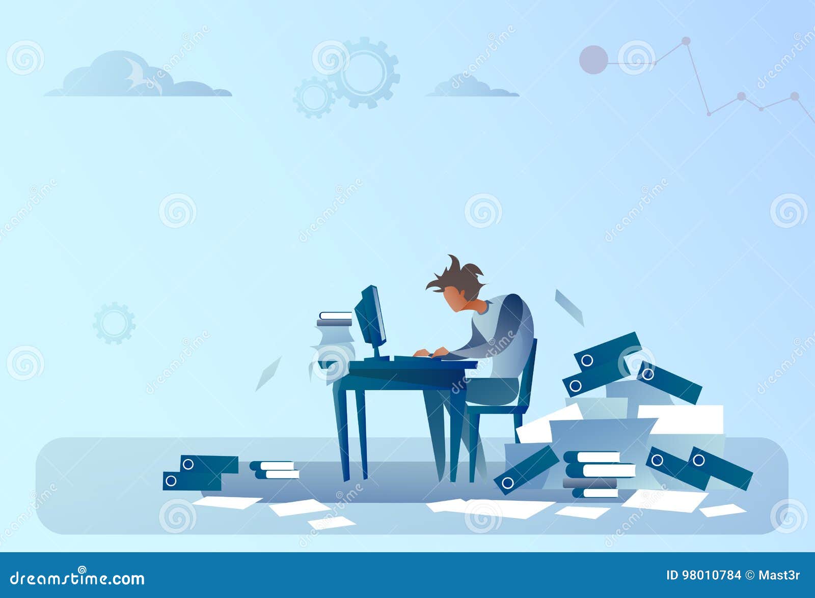 Business Man Working on Computer Overloaded Documents Paperwork Problem ...