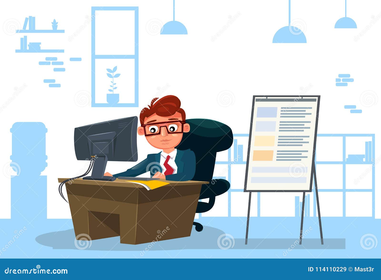 Business Man Working on Computer Sit at Desk Over Office Background ...