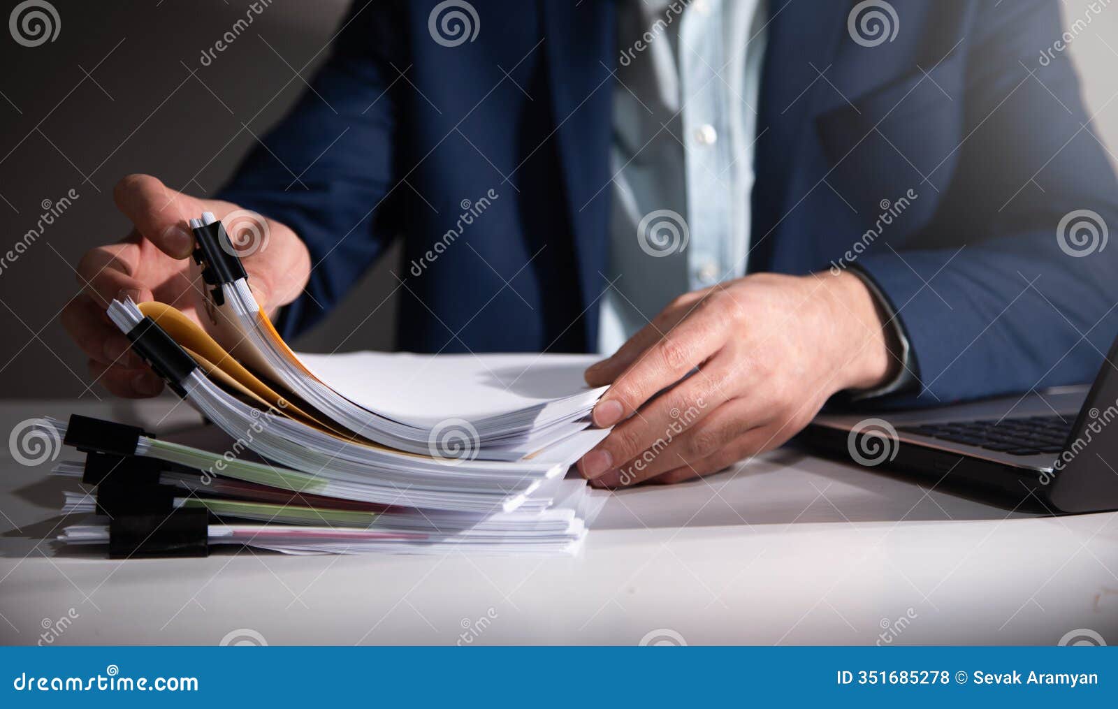 Man Working Computer and Stack of Documents Stock Photo - Image of ...