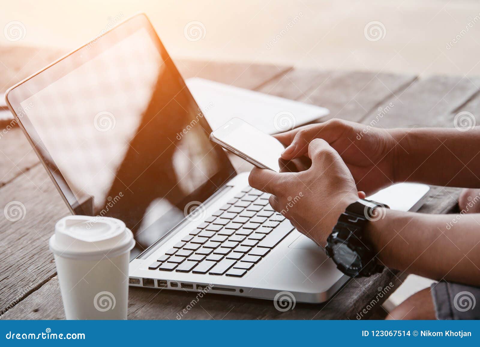 Man Using Internet on Smart Phone and Laptop Stock Photo - Image of ...
