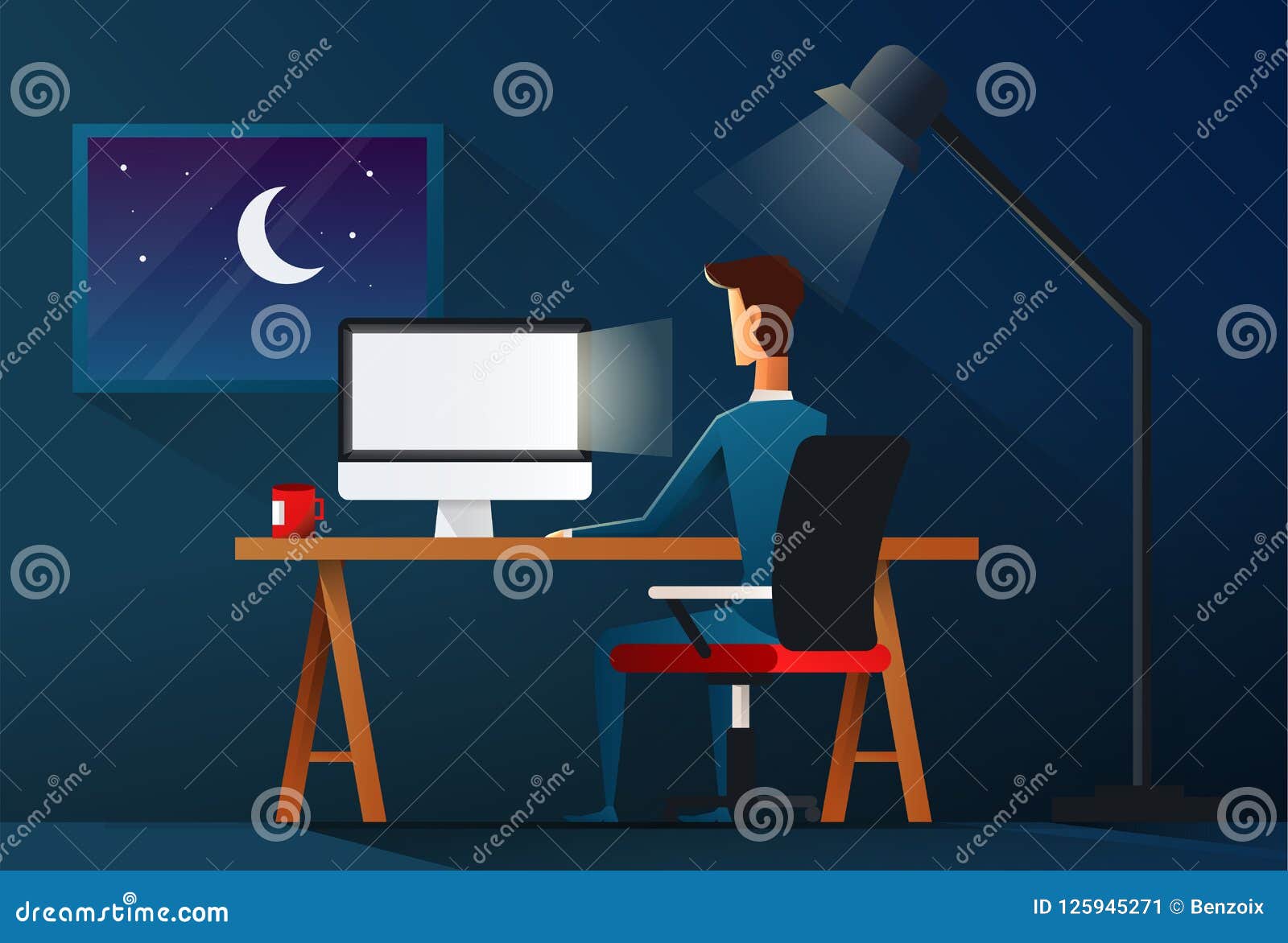 Business Man Working Late Night. Workload Concept - Vector Illustration ...