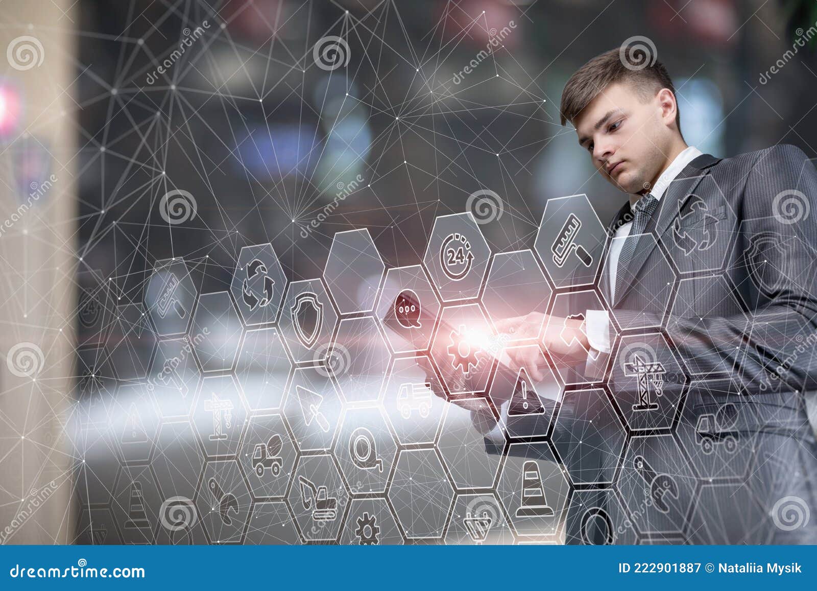 Businessman Working on a Virtual Computer Screen with Construction ...