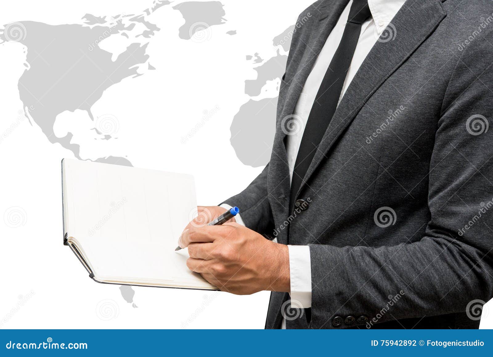 Business Man Writing on Note Book with Wolrd Map Stock Photo - Image of ...