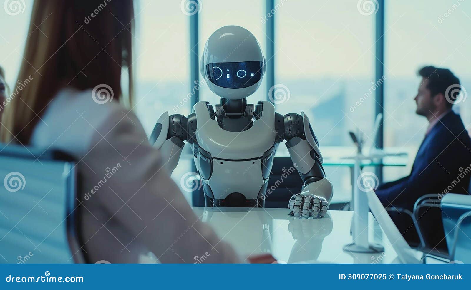 Business Meeting with Employees and Humanoid Robot. Teamwork Stock ...