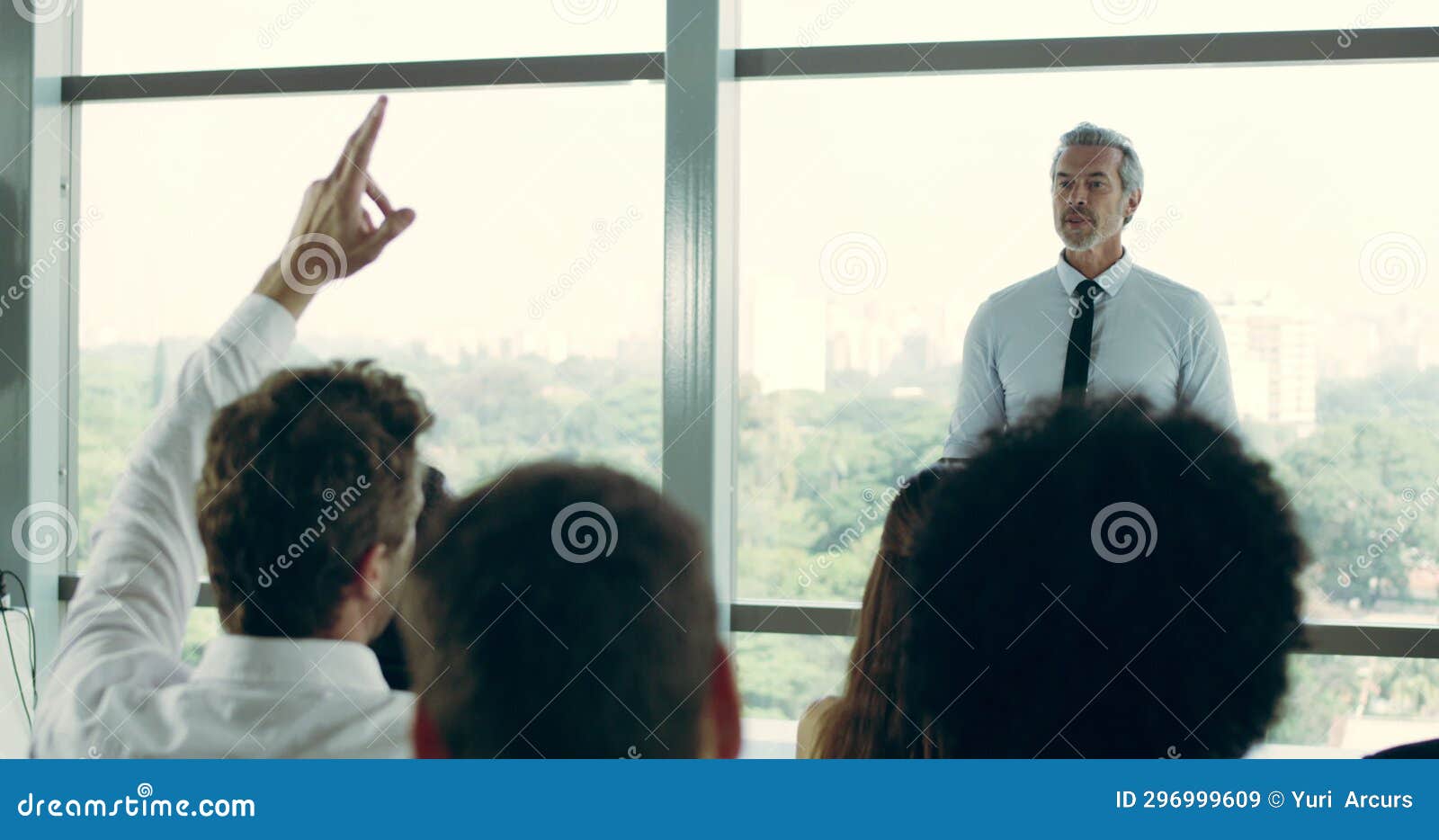 Business Meeting, Leader Man and Raised Hand for Question, Answer or ...