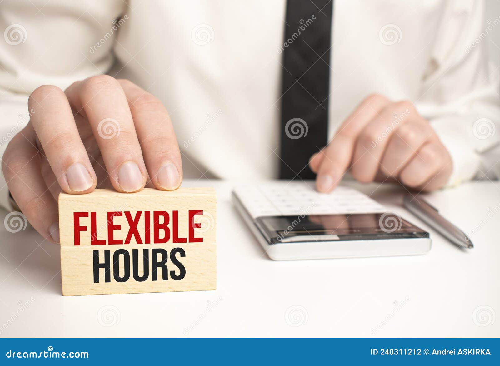 Business Meeting Time. FLEXIBLE HOURS. Notebook on Wood Table Stock ...