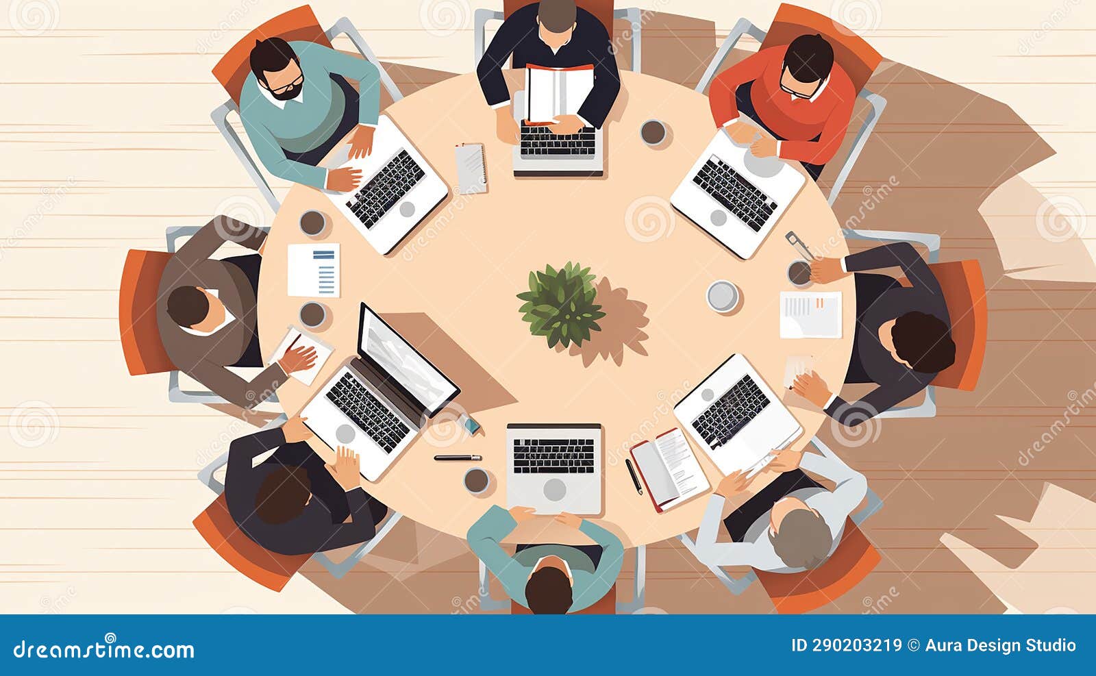 Business Meeting Top View on Circle Table Conference. Stock Image ...