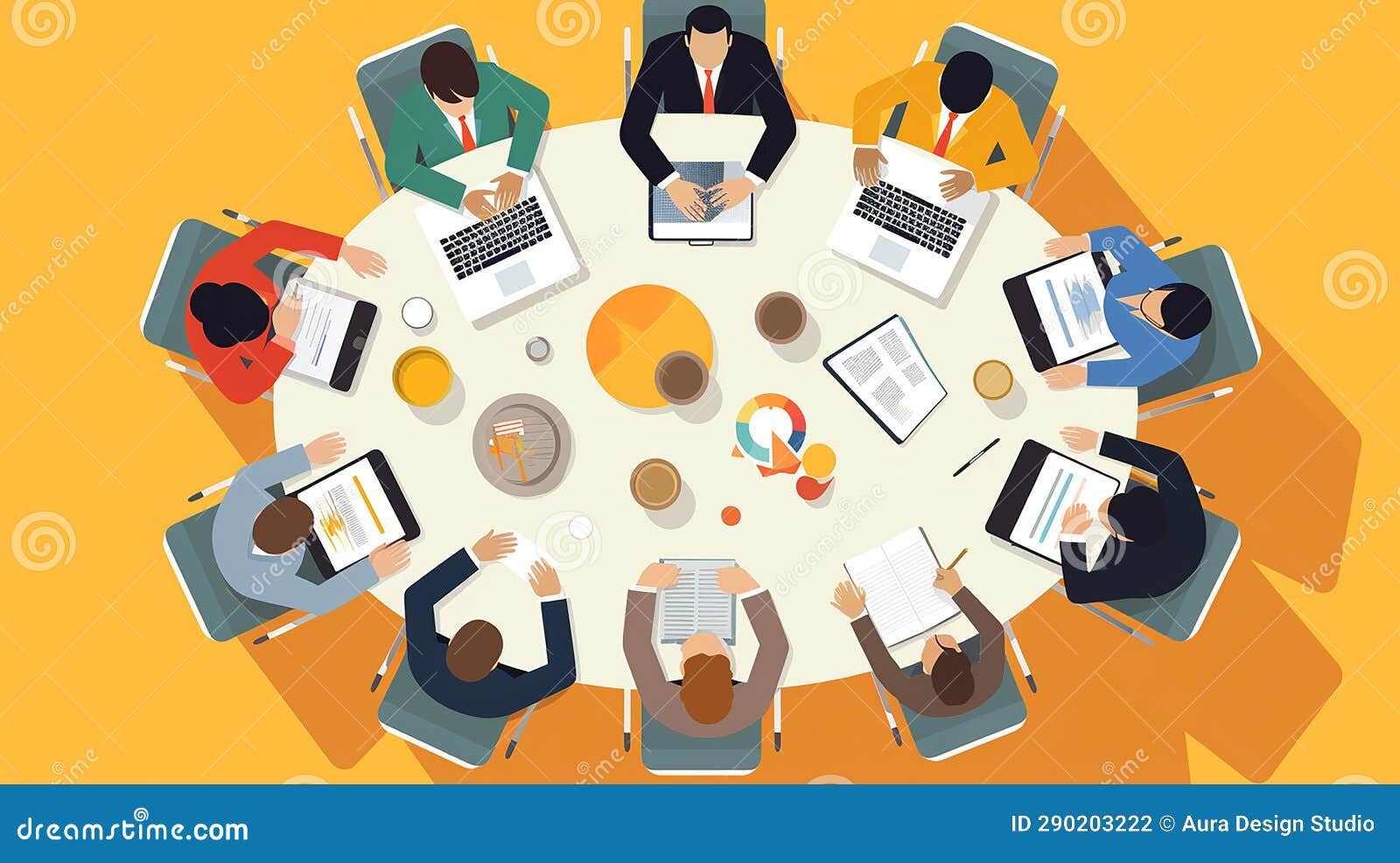 Business Meeting Top View on Circle Table Conference. Stock Photo ...