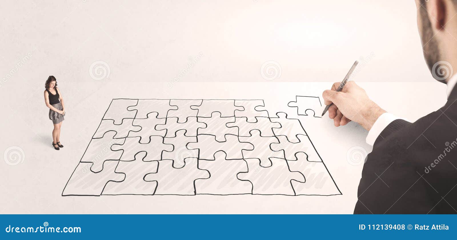 Business Man Looking at Hand Drawing Solution Stock Photo - Image of ...