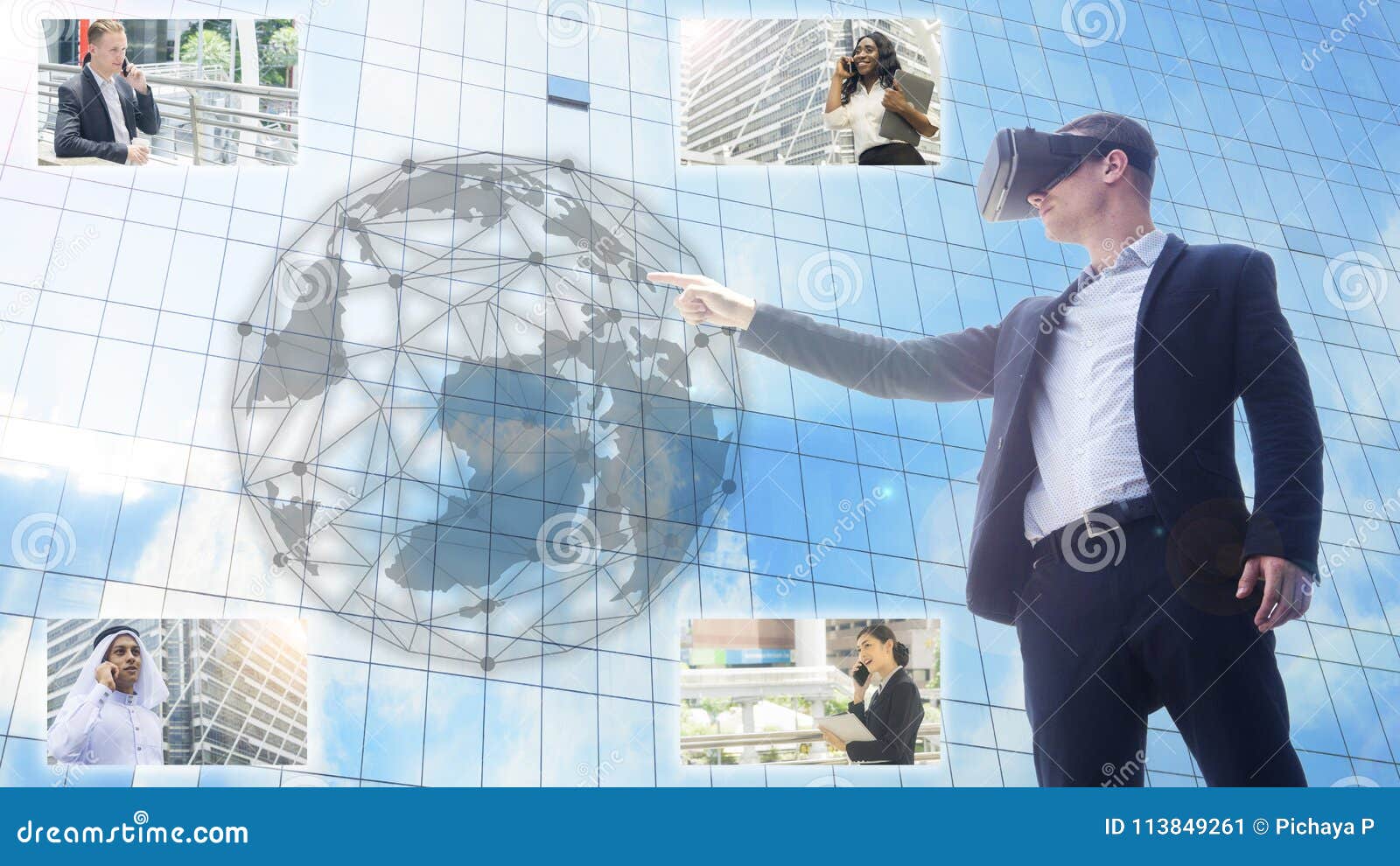 Business Man Using VR Headset and Interacting with Object World Stock ...