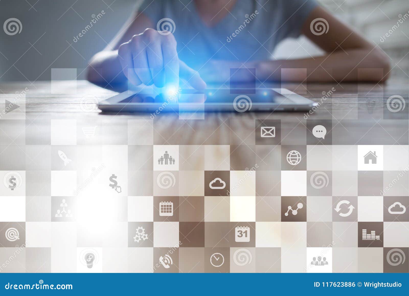 Business Mockup. Office Workflow. Icons on Virtual Screen. Internet and ...