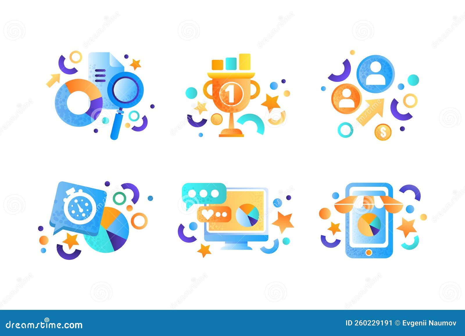 Business and Office Work Items with Award, Pie Chart and Computer ...