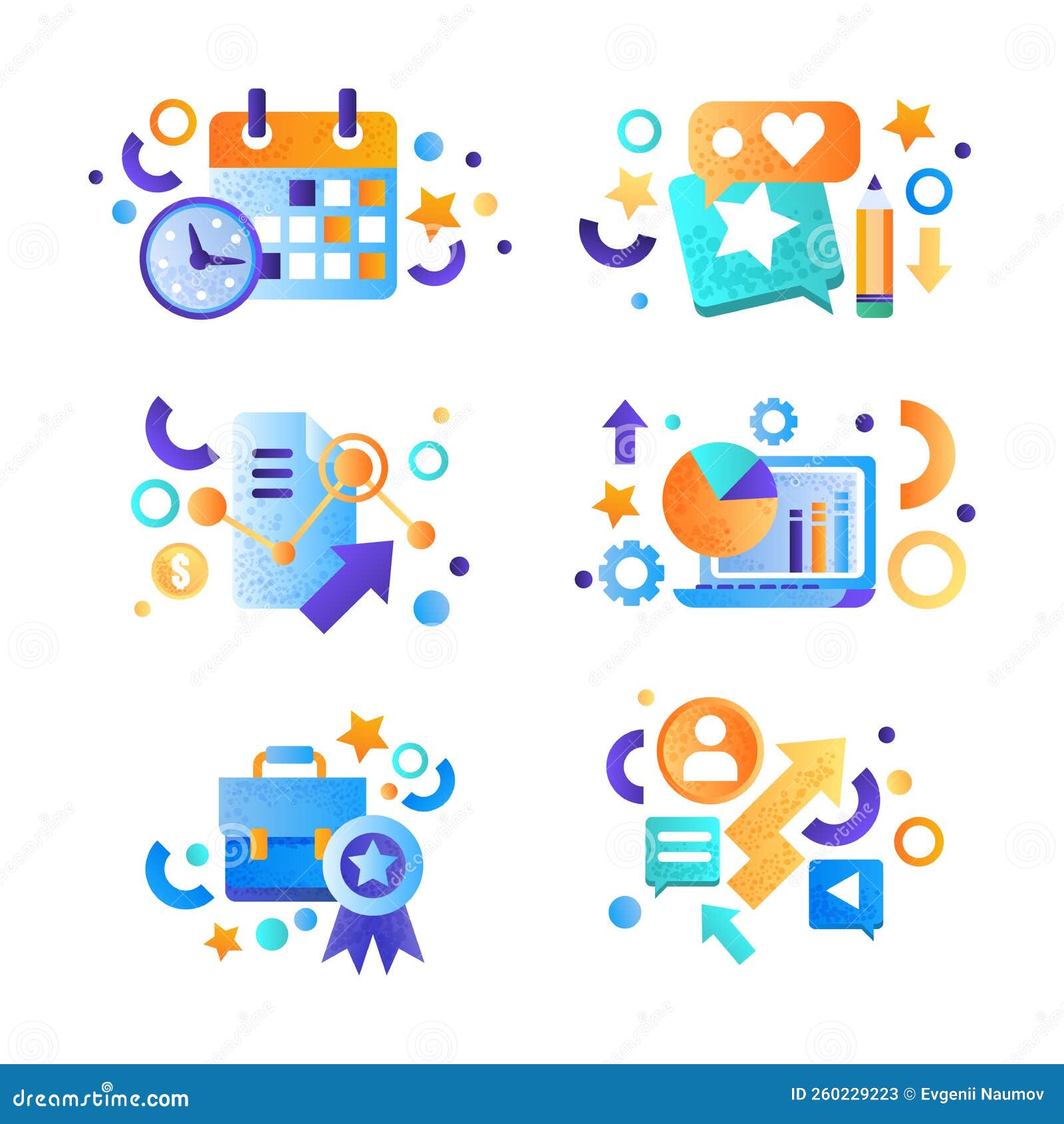 Business and Office Work Items with Calendar, Laptop, Graph, Briefcase ...