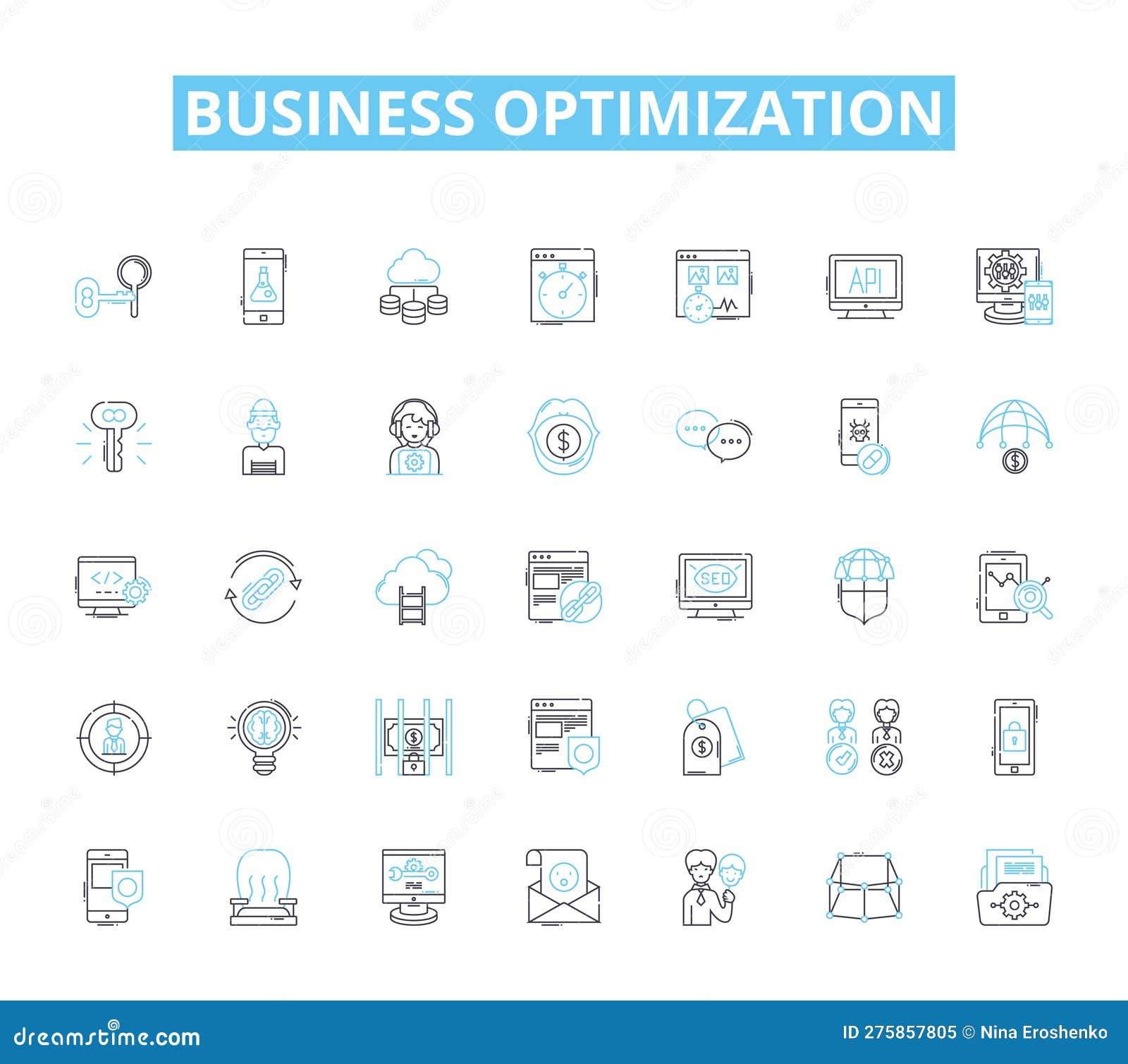 Business Optimization Linear Icons Set. Efficiency, Productivity, Profitability, Streamlining ...
