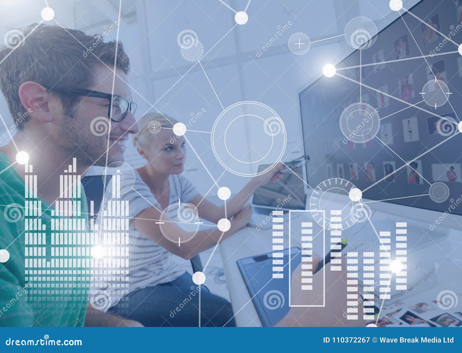 Business Overlay Interface with People on Computer Stock Image - Image ...