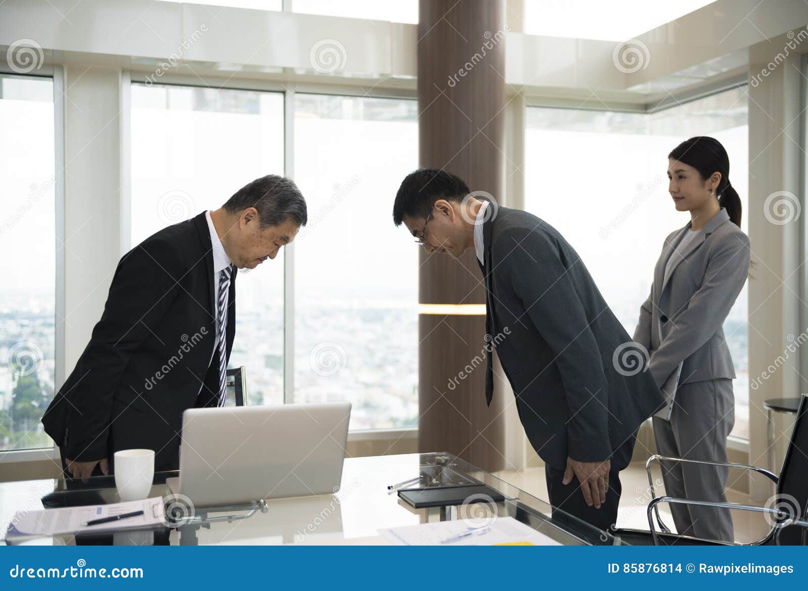Business Partners Introduction Handshake Bow Concept Stock Photo ...