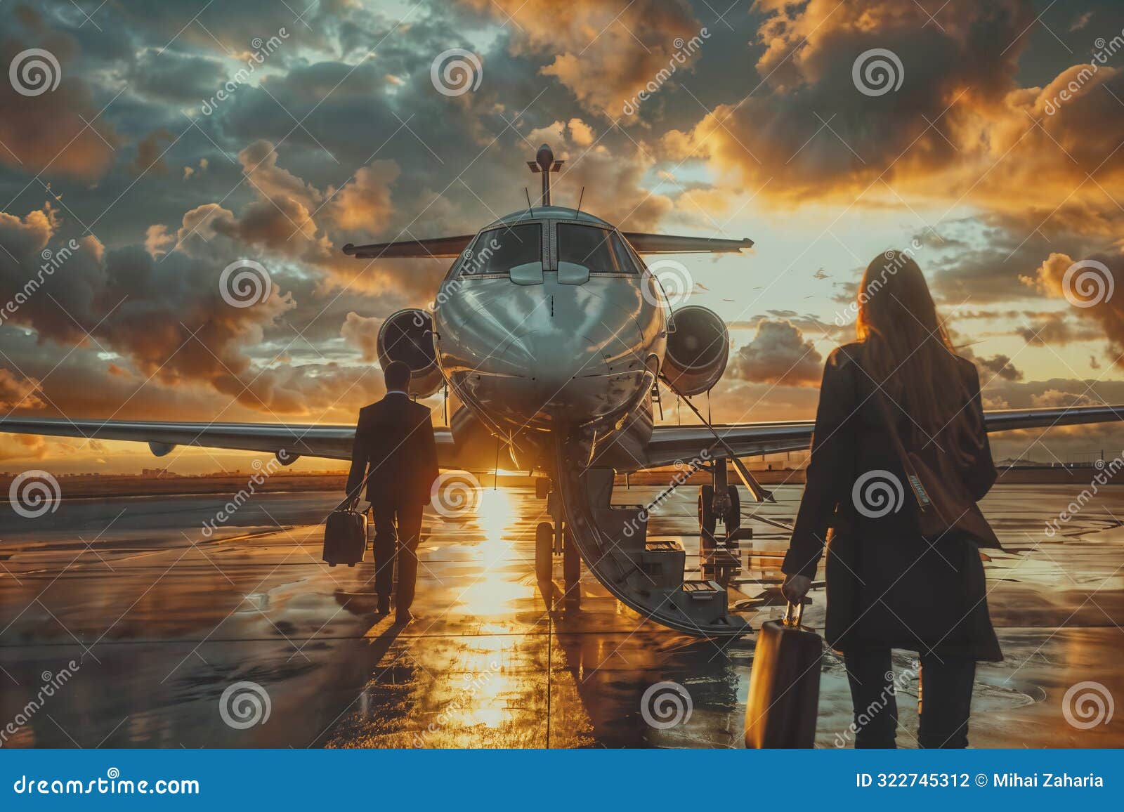 Business People Boarding a Corporate Jet at Sunset Stock Illustration ...