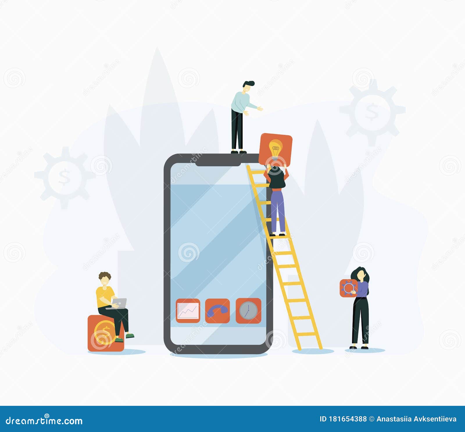 Business People Creative Team Putting App Icons on Huge Smartphone ...