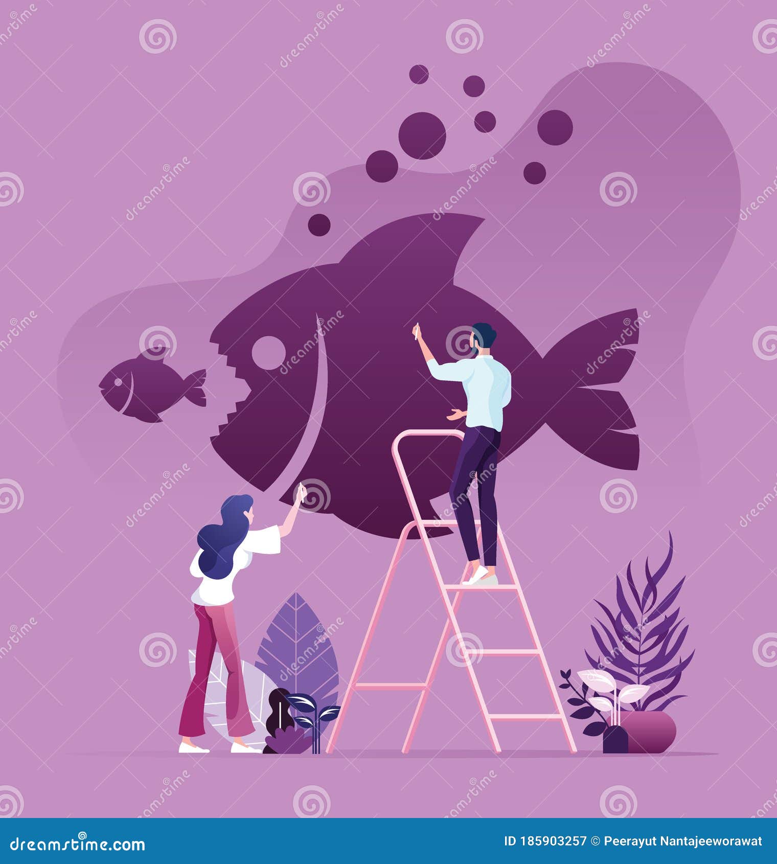 Business People Drawing Big Fish Eat Small Fish on the Wall Stock ...