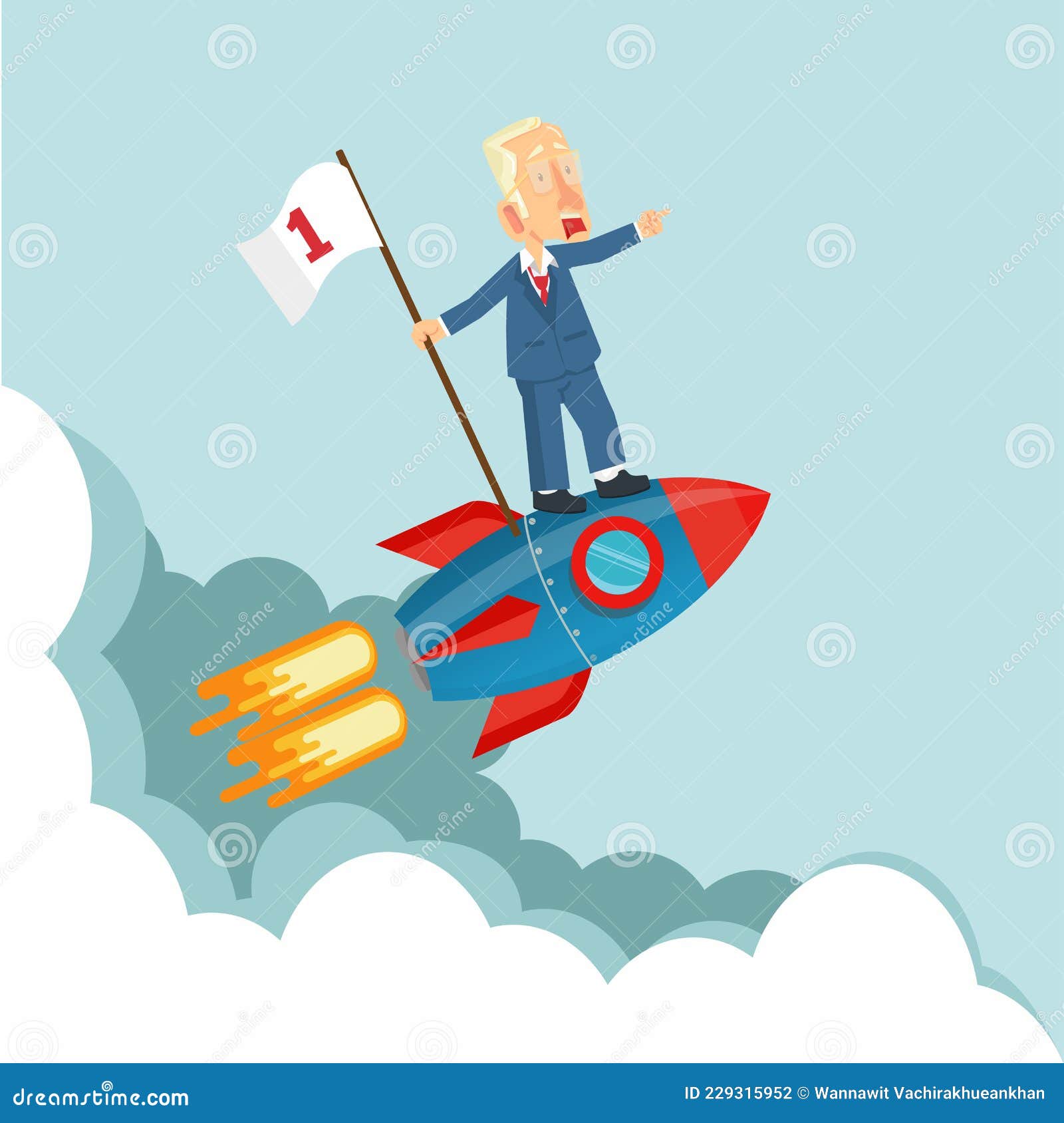 Business People on a Flying Rocket with Flag Stock Vector ...