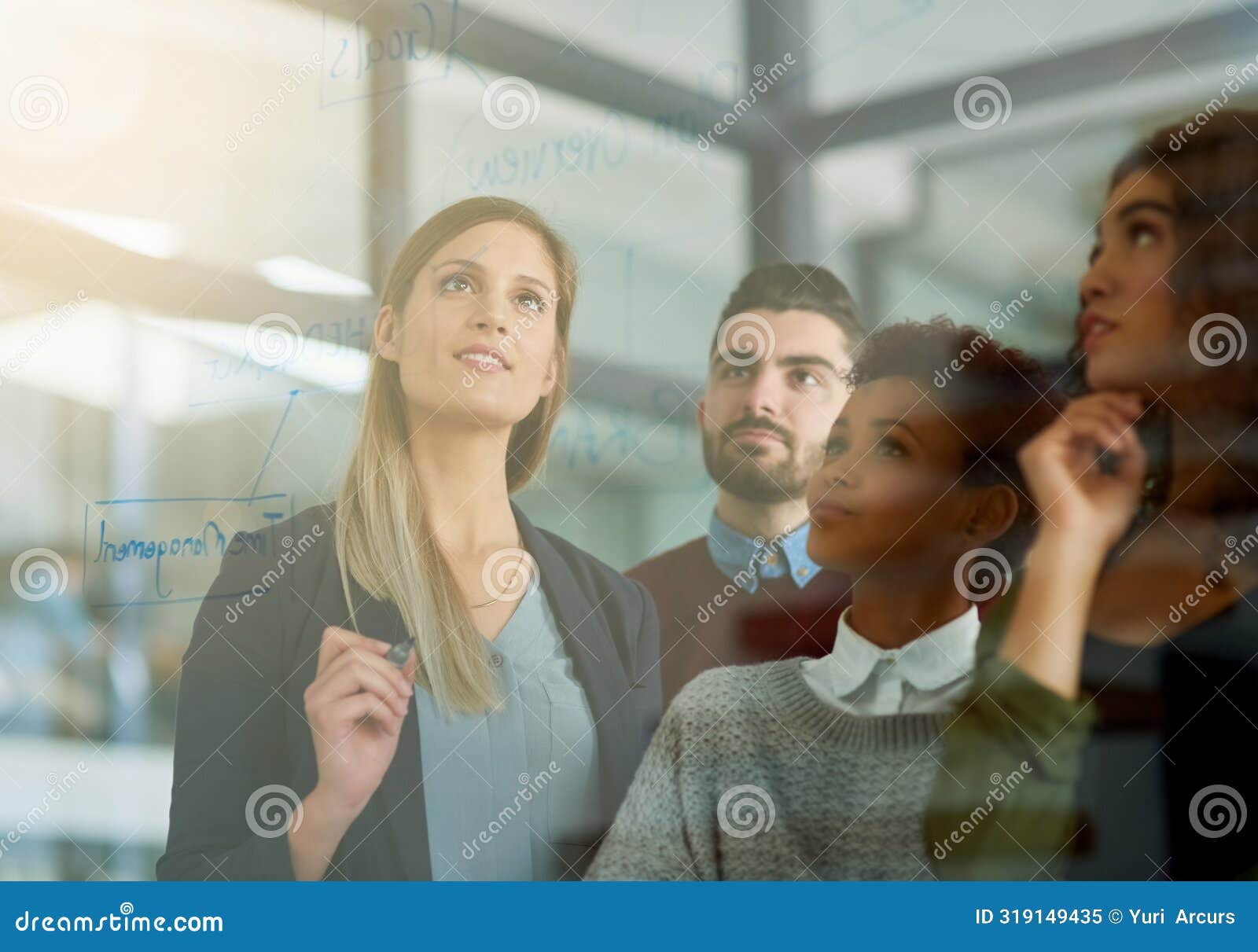 Business People, Glass Wall and Thinking on Notes in Office, Mindmap ...