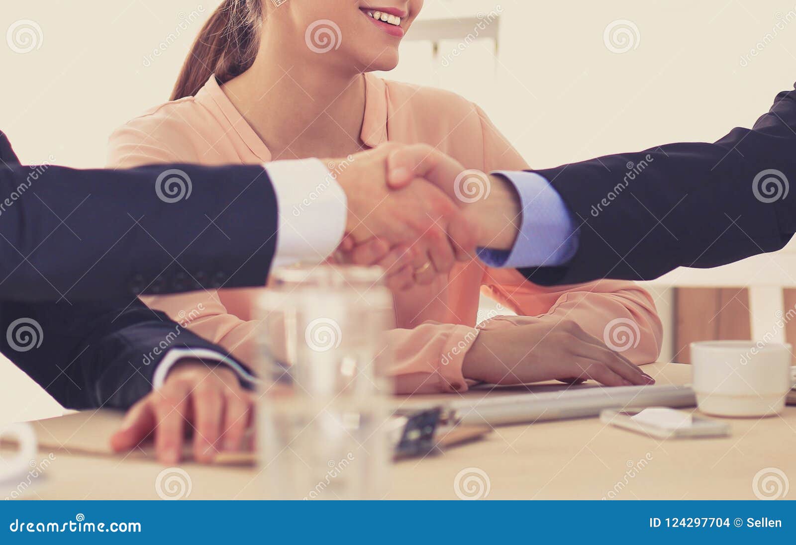 Business People Handshake, Sitting at the Table Stock Photo - Image of ...