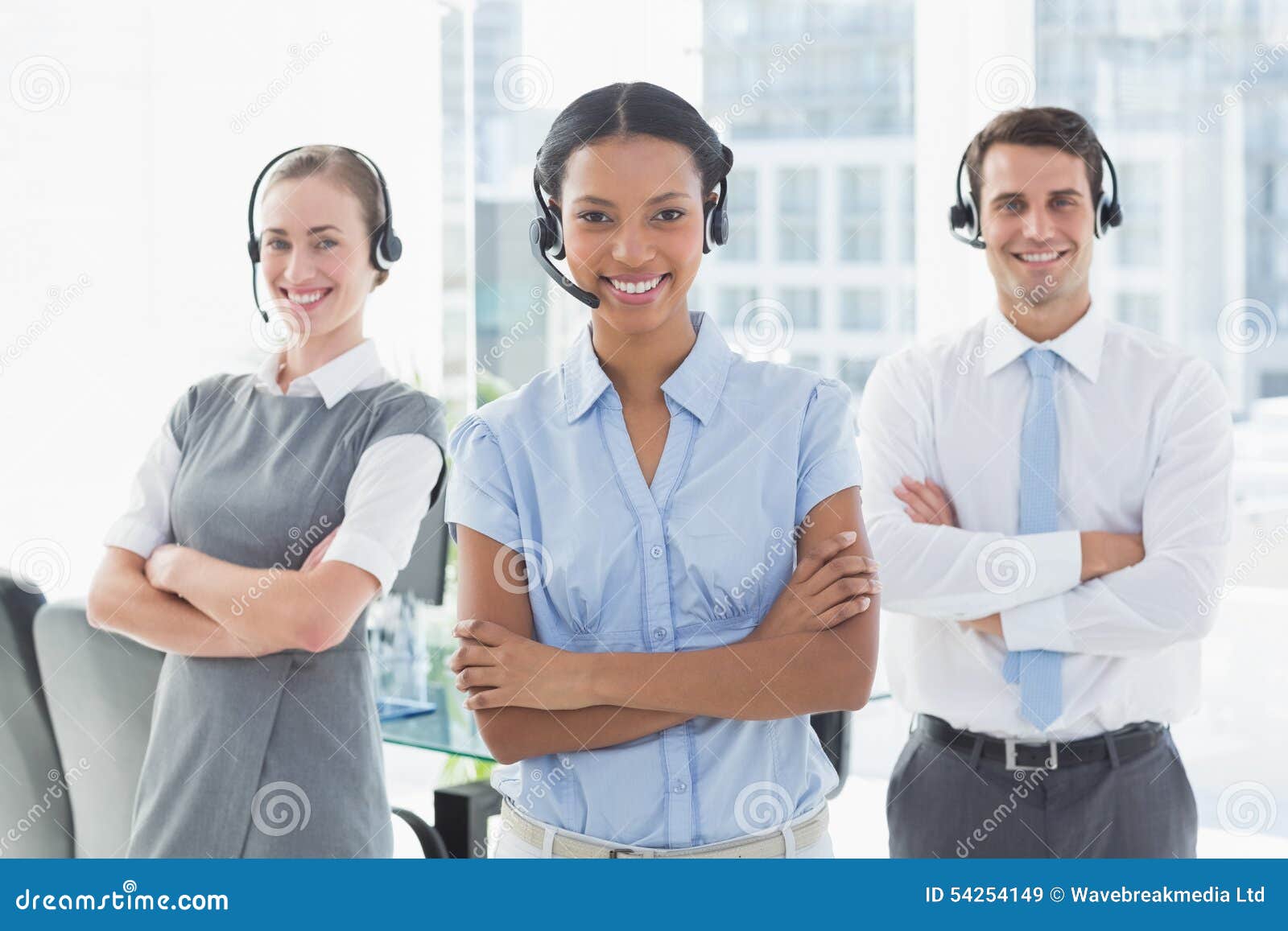 Business People with Headsets Smiling at Camera Stock Image - Image of ...