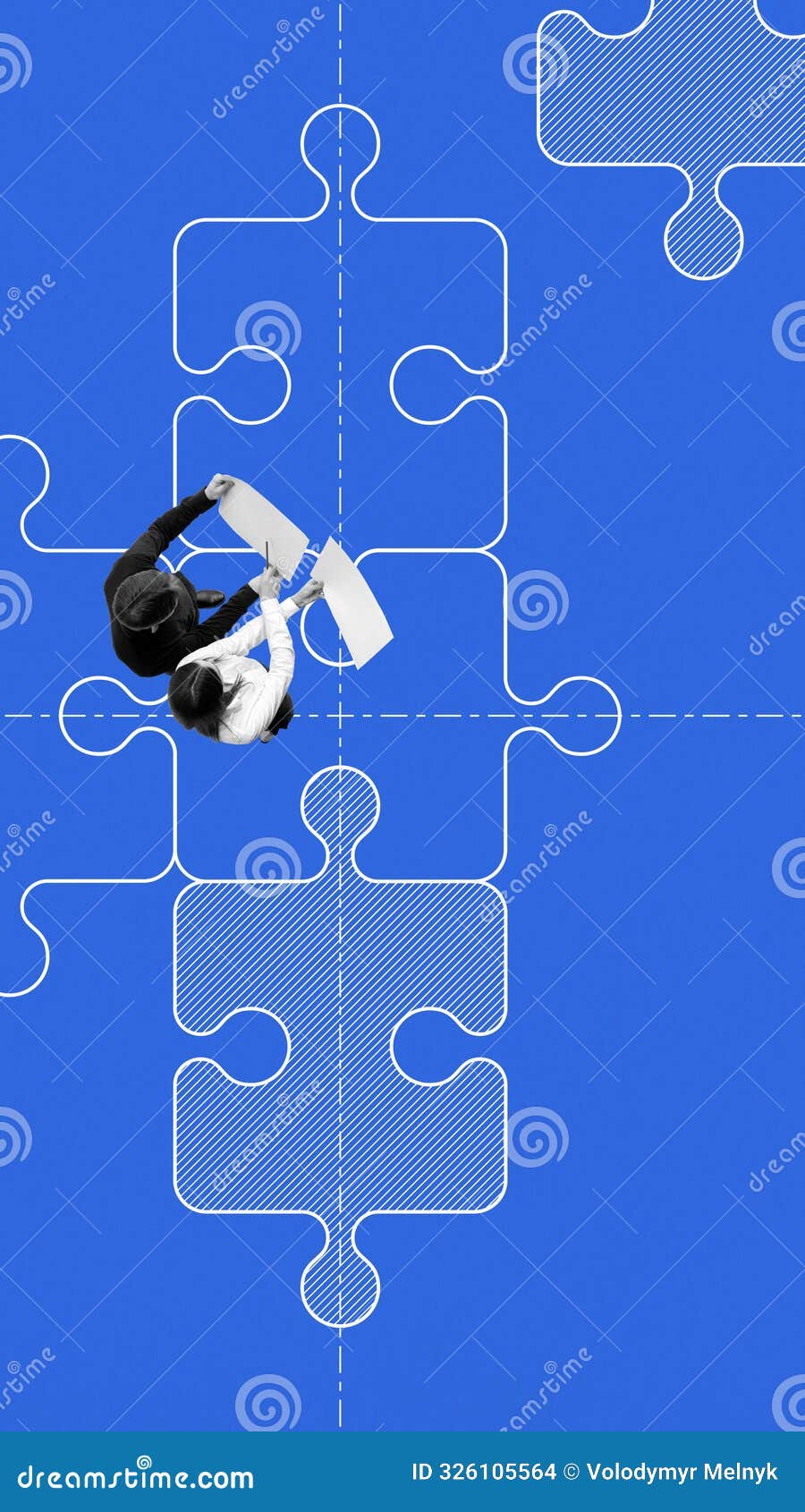 Business People, Managers Discussing Document Over Puzzle Pieces ...