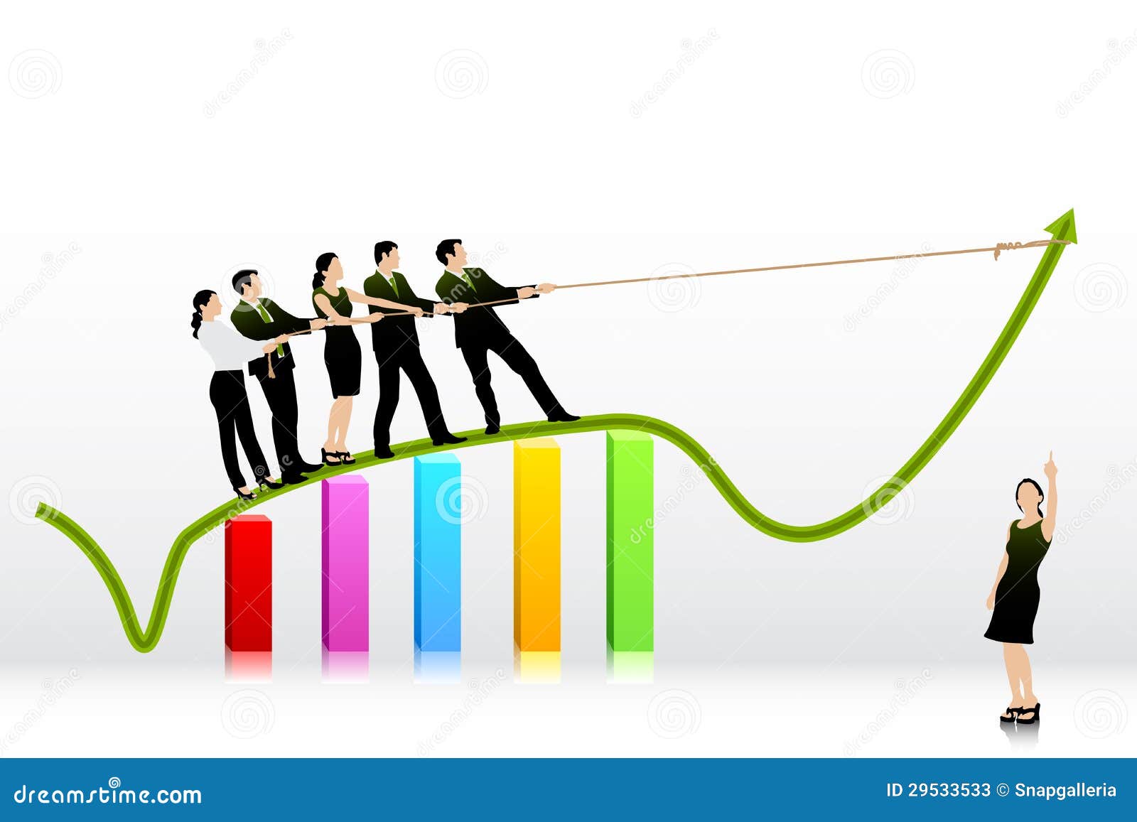 Business People Pulling Arrow on Bar Graph Stock Vector - Illustration ...
