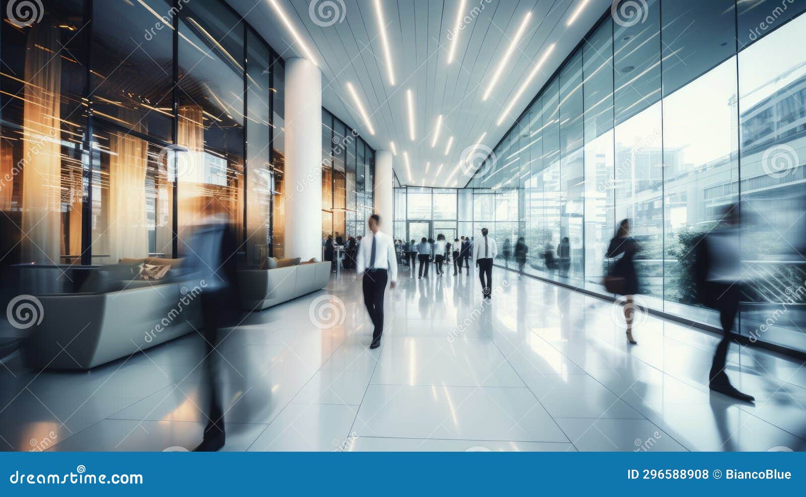People Rushing in Office Lobby with Motion Blur Stock Photo - Image of ...