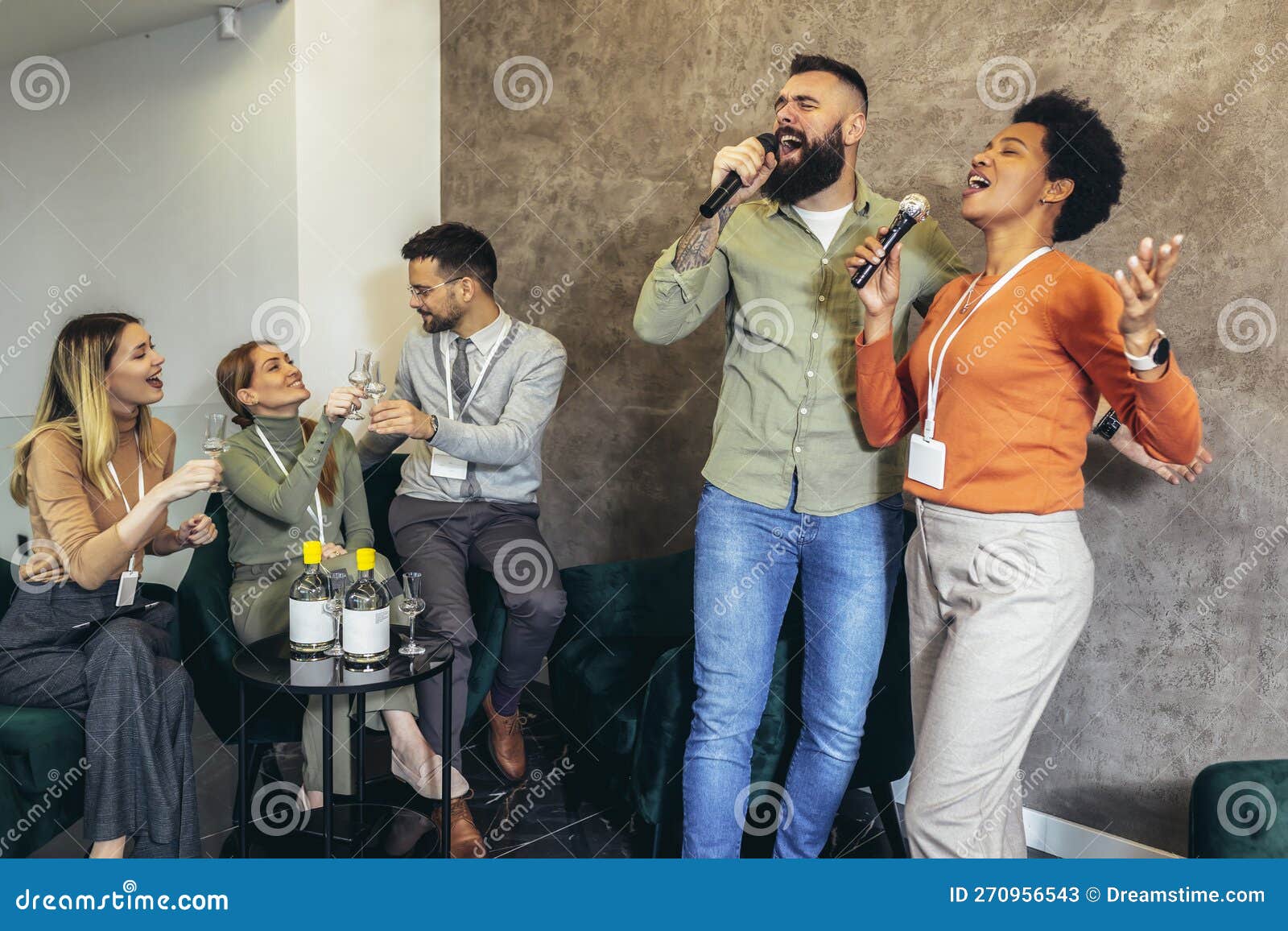 Business People Singing Karaoke in Modern Office Stock Image - Image of ...