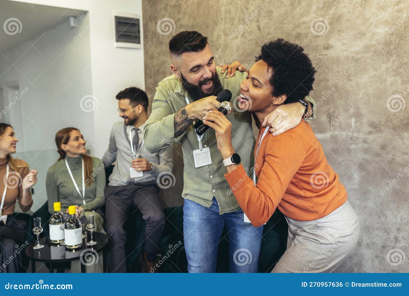 Business People Singing Karaoke in Modern Office Stock Photo - Image of ...