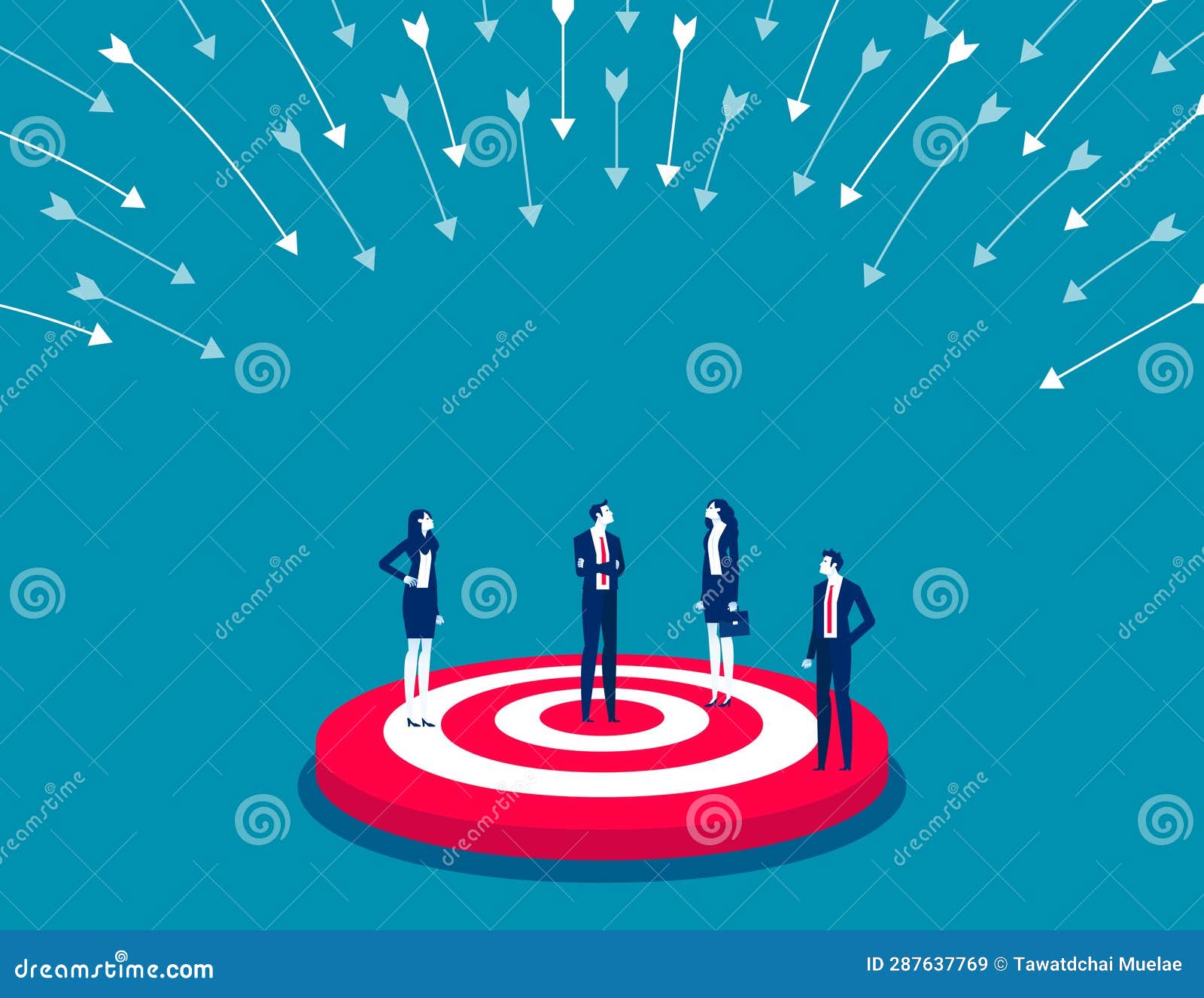Business People Standing on Target with Many Bows Falling Stock Vector ...
