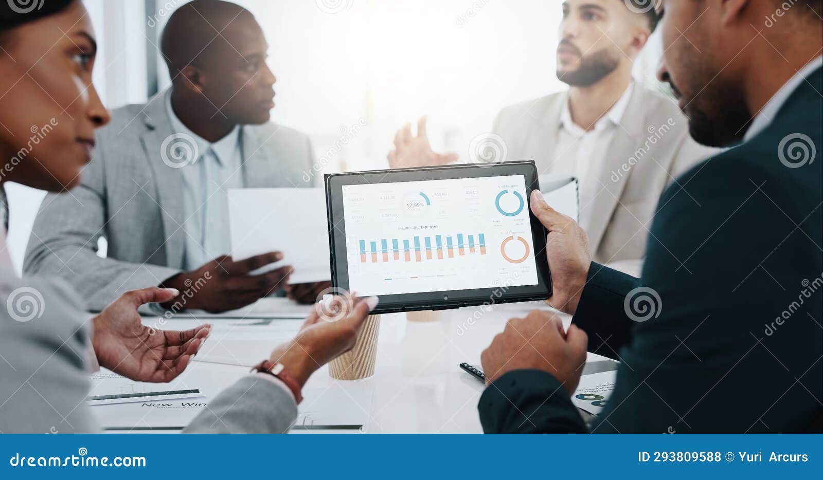 Business People, Tablet and Meeting in Data Analytics, Statistics or ...