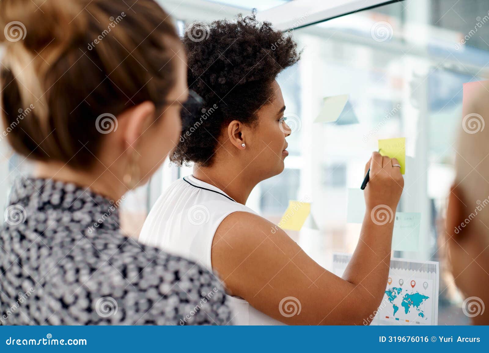 Business People, Teamwork and Sticky Note on Glass Wall for ...