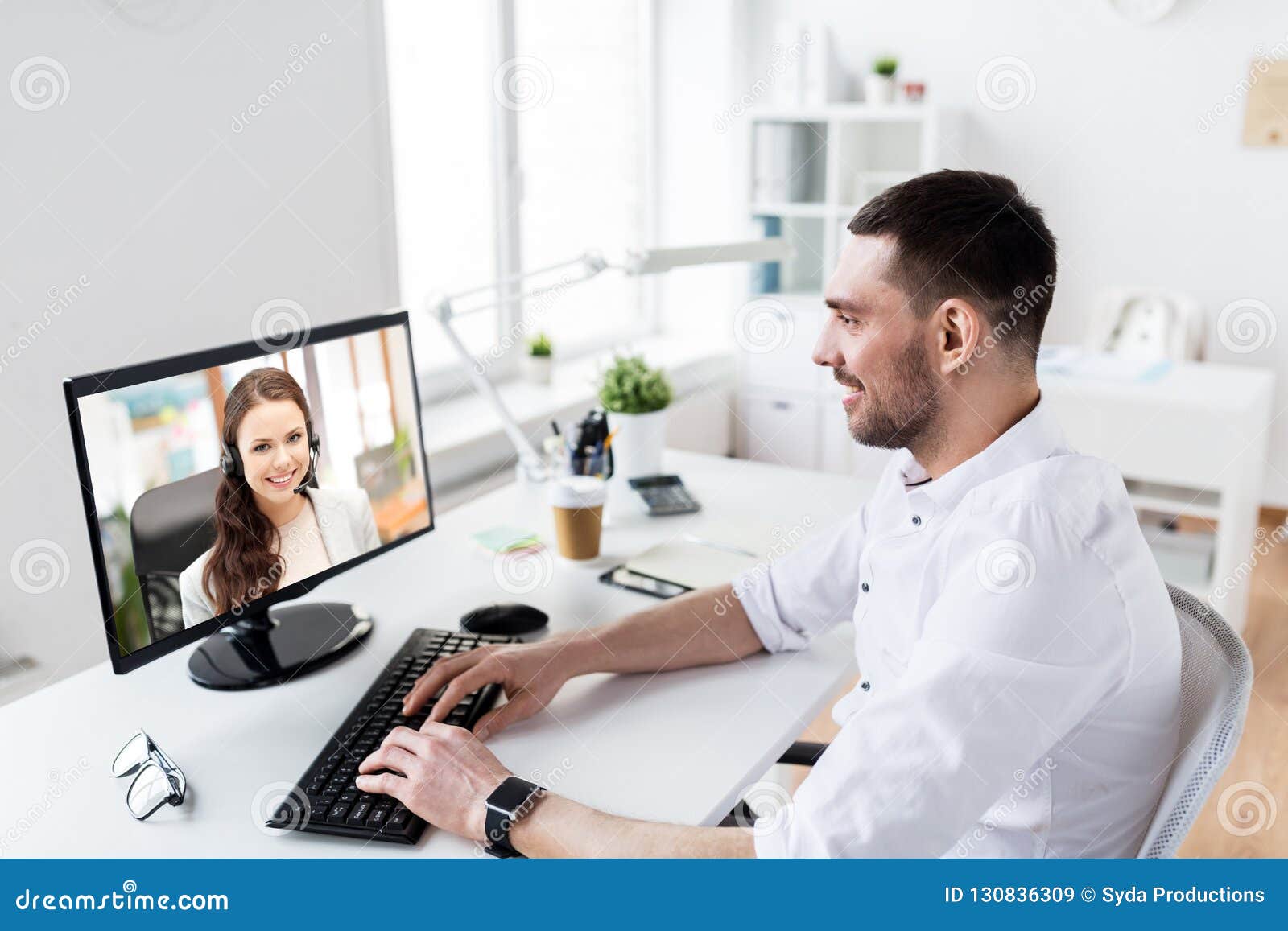 Businessman Having Video Call on Pc at Office Stock Image - Image of ...