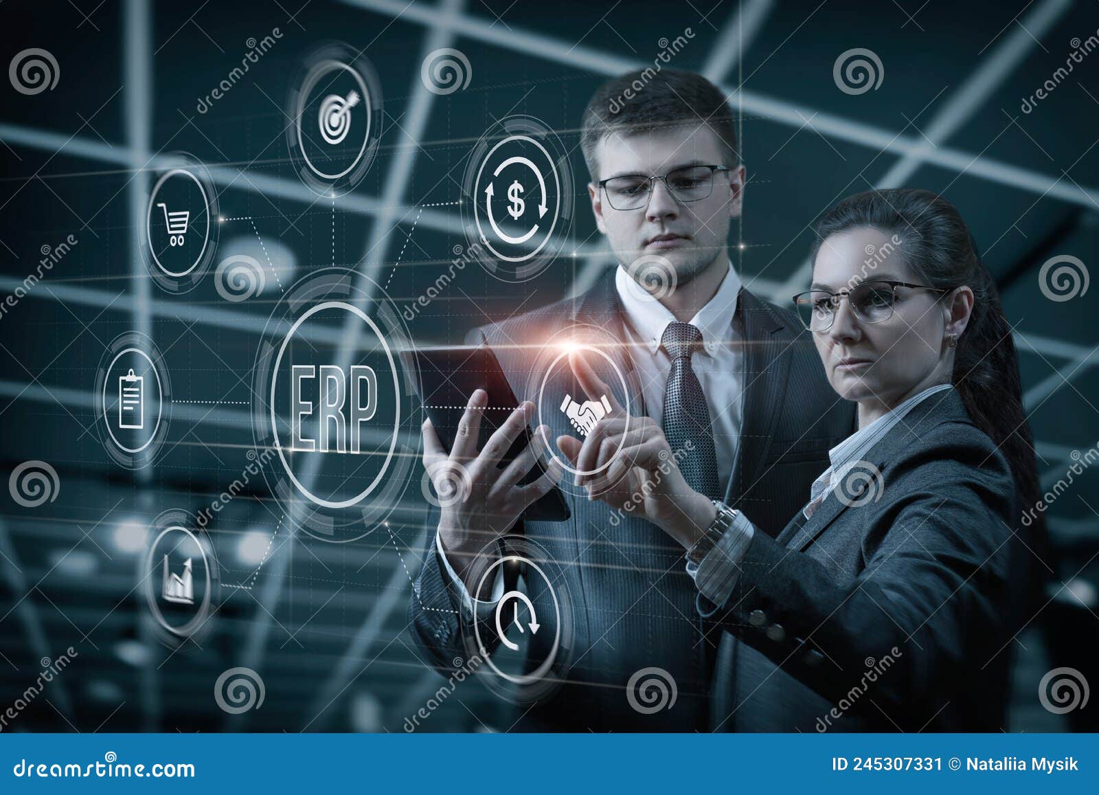 Businessmen on a Virtual Screen Doing Enterprise Resource Planning ...