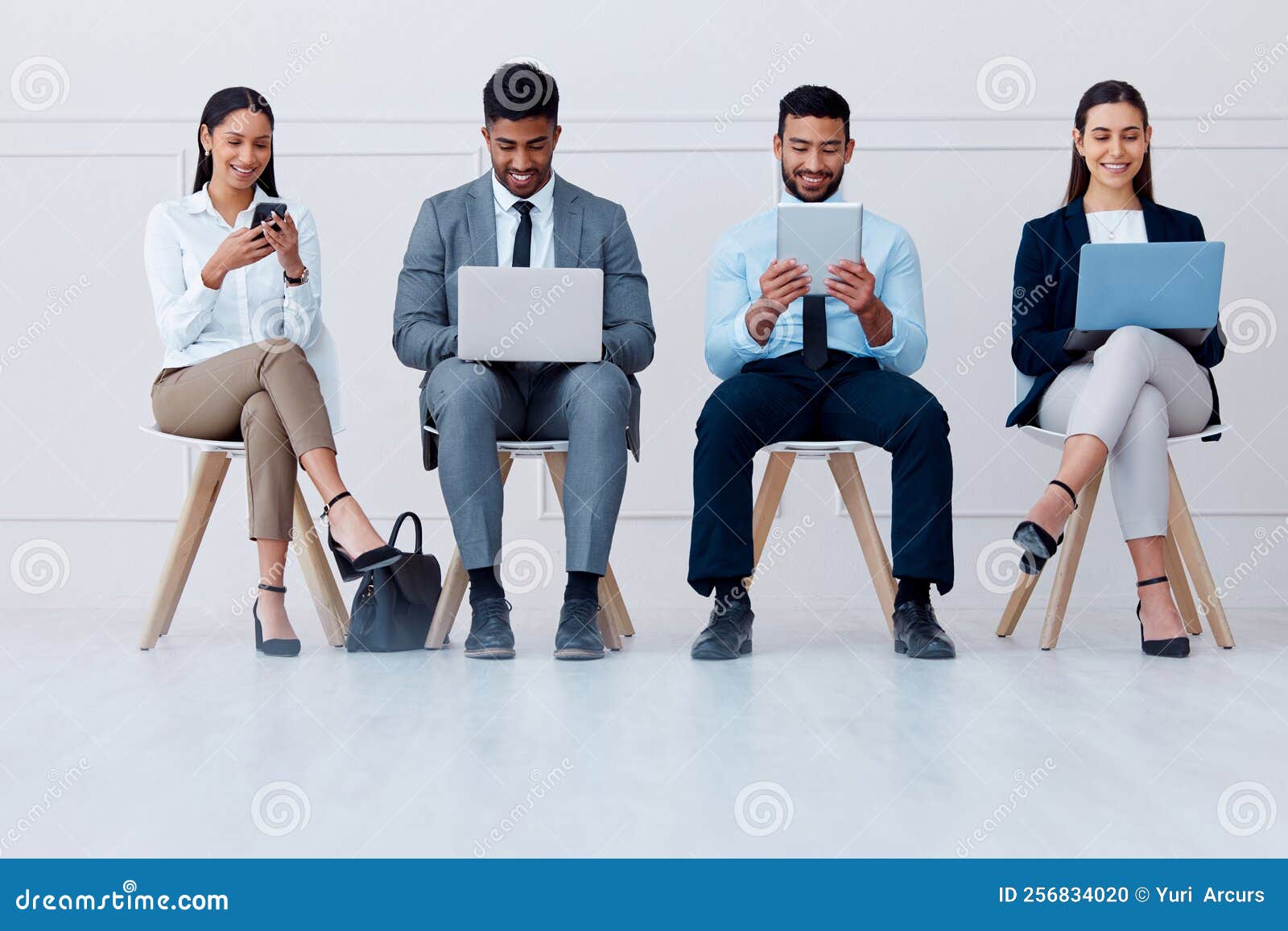 Business People, Waiting Room and Tech with Some on Mobile, Laptop or ...